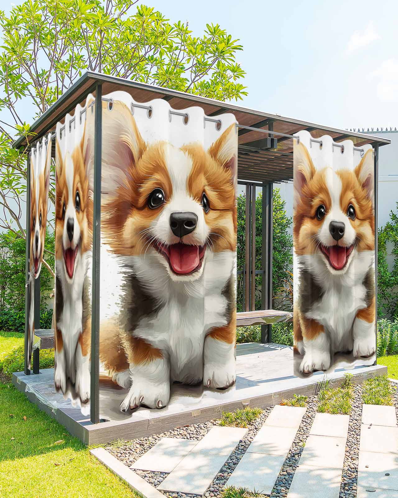 Cute Puppy Outdoor Curtains for Patio, Watercolor Cartoon Dog Animal ...