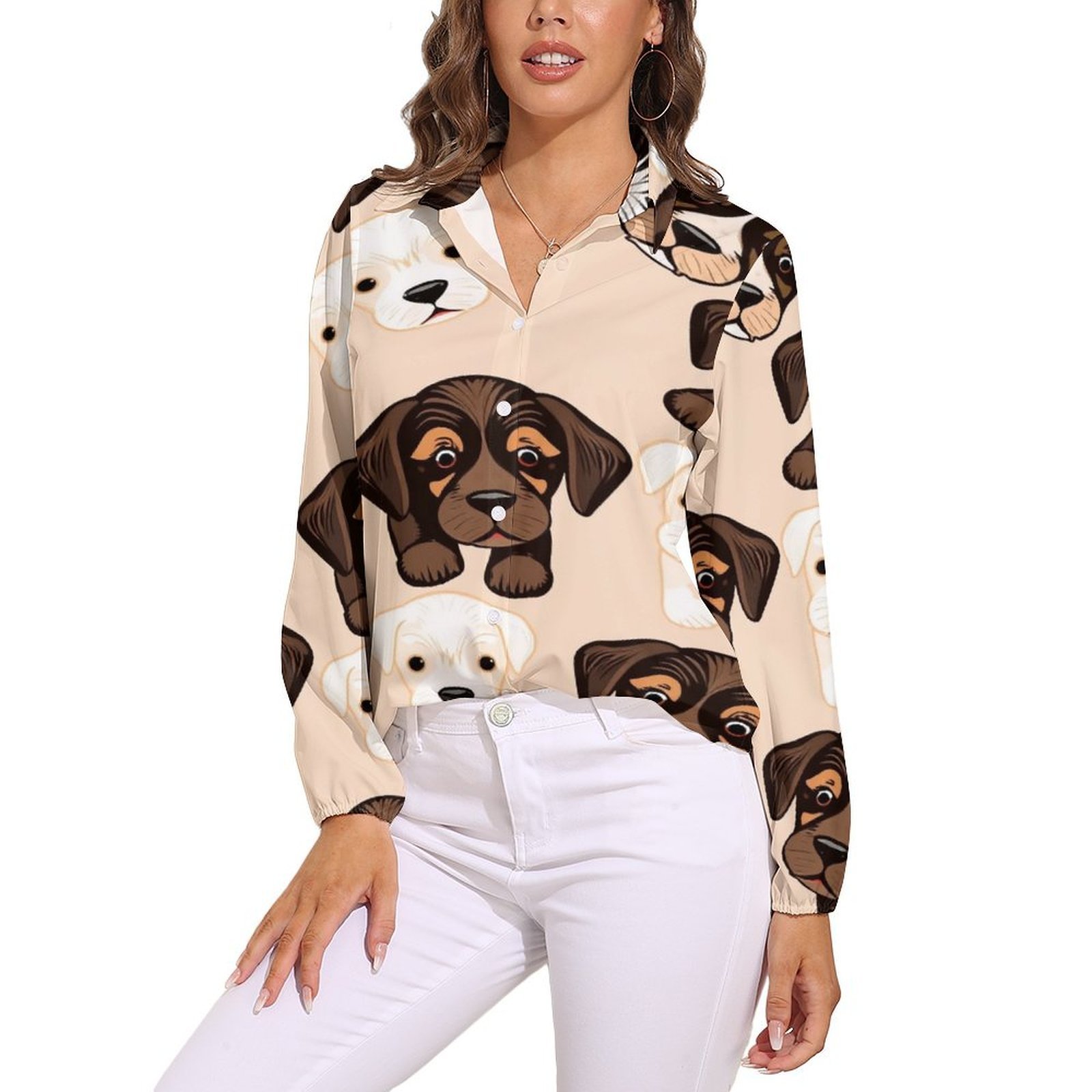 Cute Puppy Pattern Blouse For Women Loose Blouses Long Sleeve Shirts ...