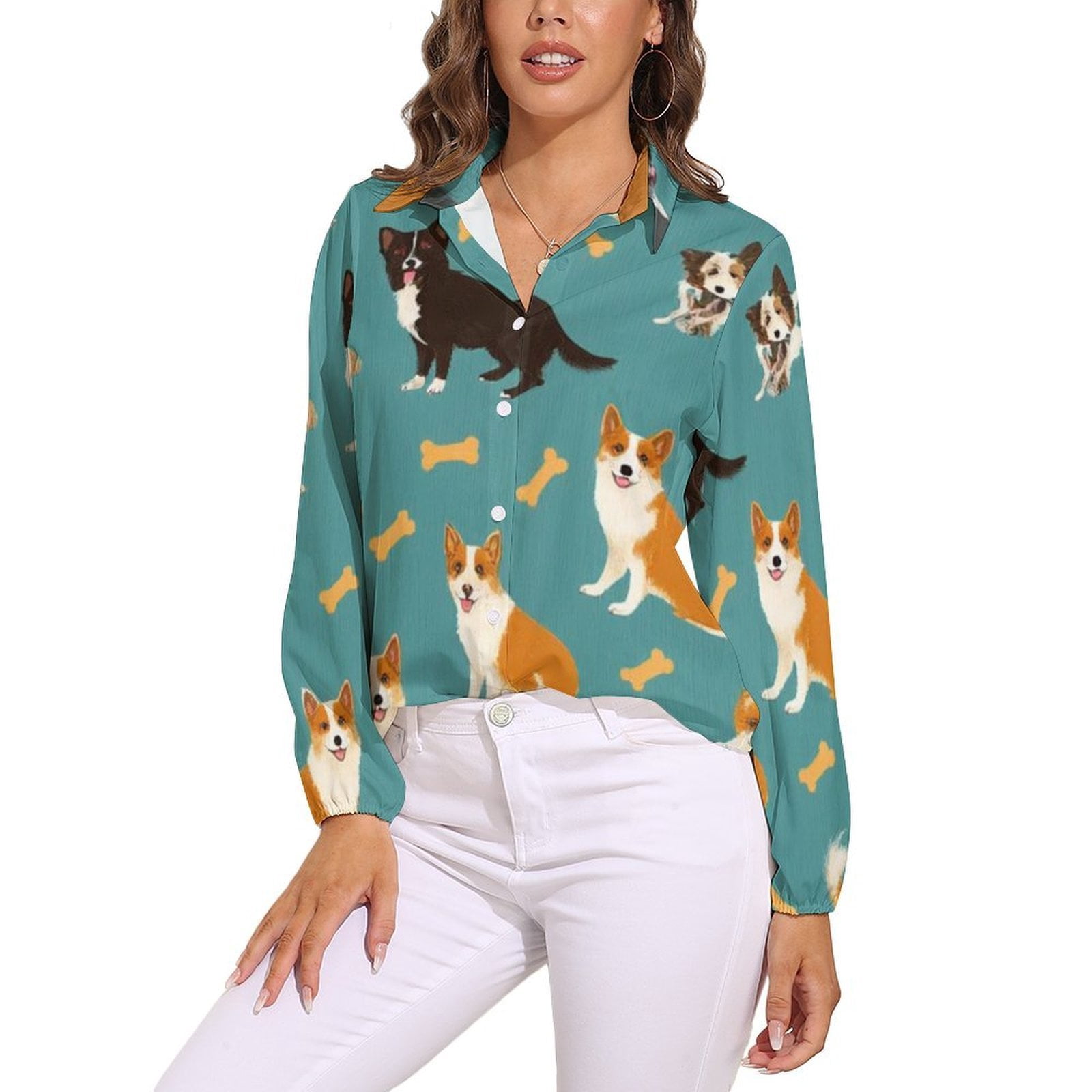 Cute Puppy Pattern Print Vntage Casual Long Sleeve Shirt Blouse Woman ...