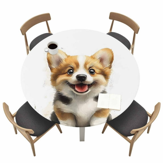 Cute Puppy Round Fitted Tablecloth with Elastic Edge Cartoon Style ...