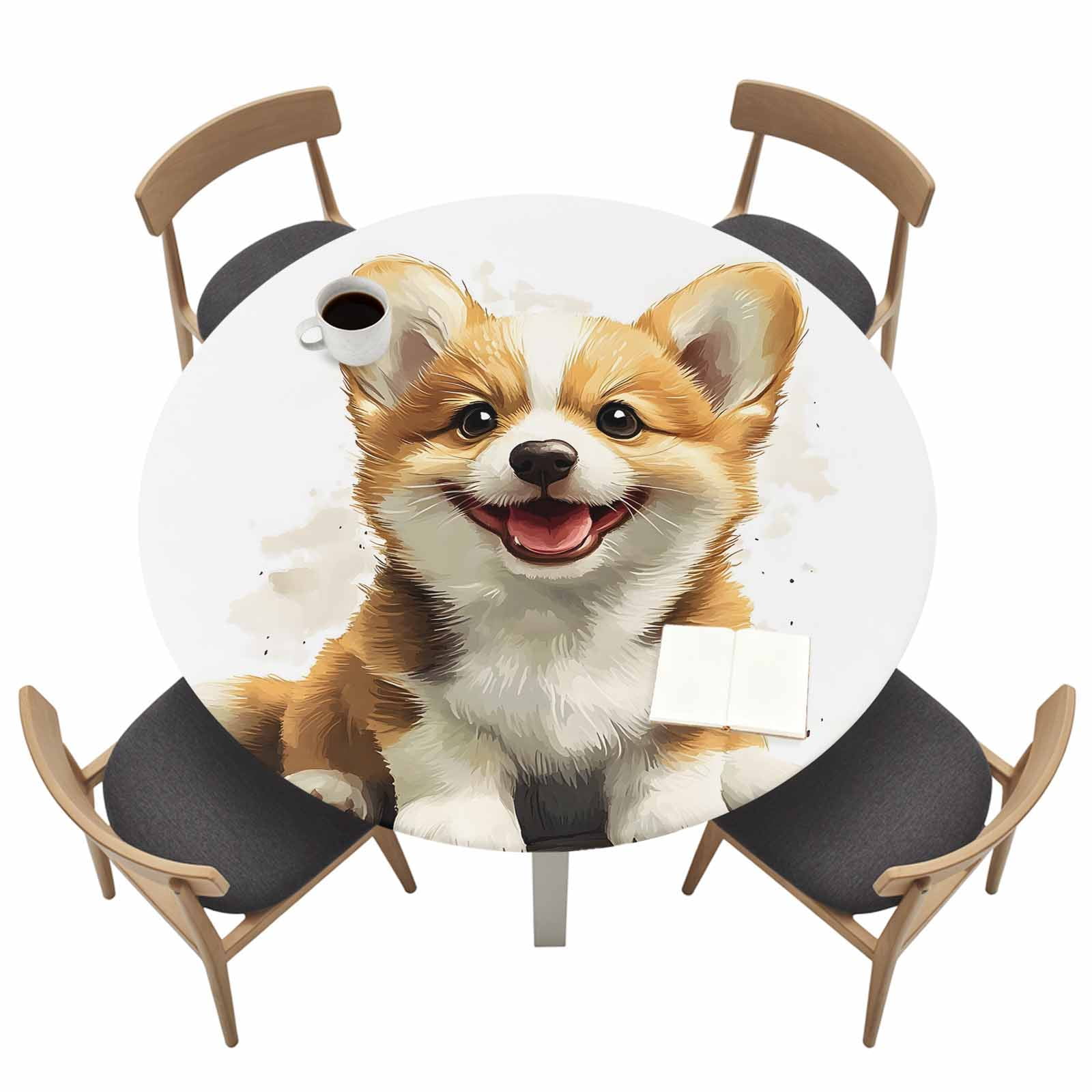 Cute Puppy Round Fitted Tablecloth with Elastic Edge Country Cartoon ...