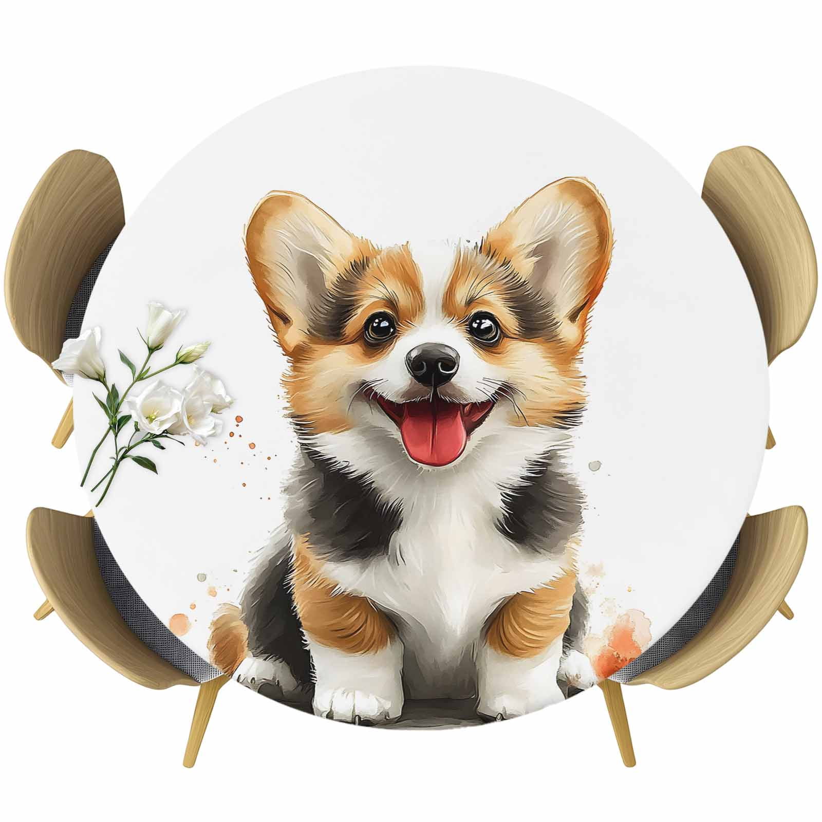 Cute Puppy Round Fitted Tablecloth with Elastic Edge, Country Cartoon ...