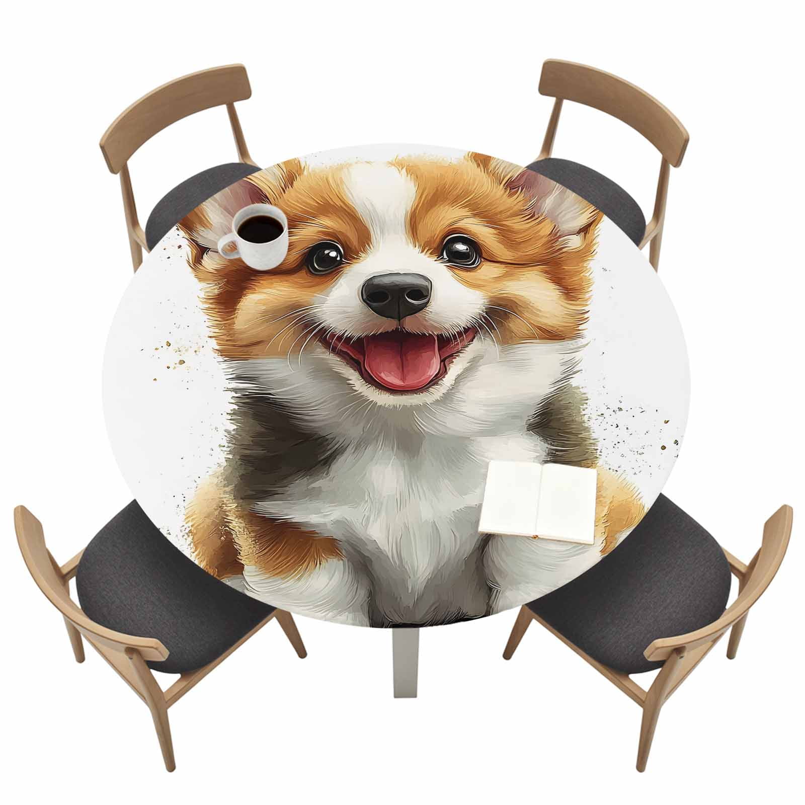Cute Puppy Round Fitted Tablecloth with Elastic Edge Watercolor Cartoon ...