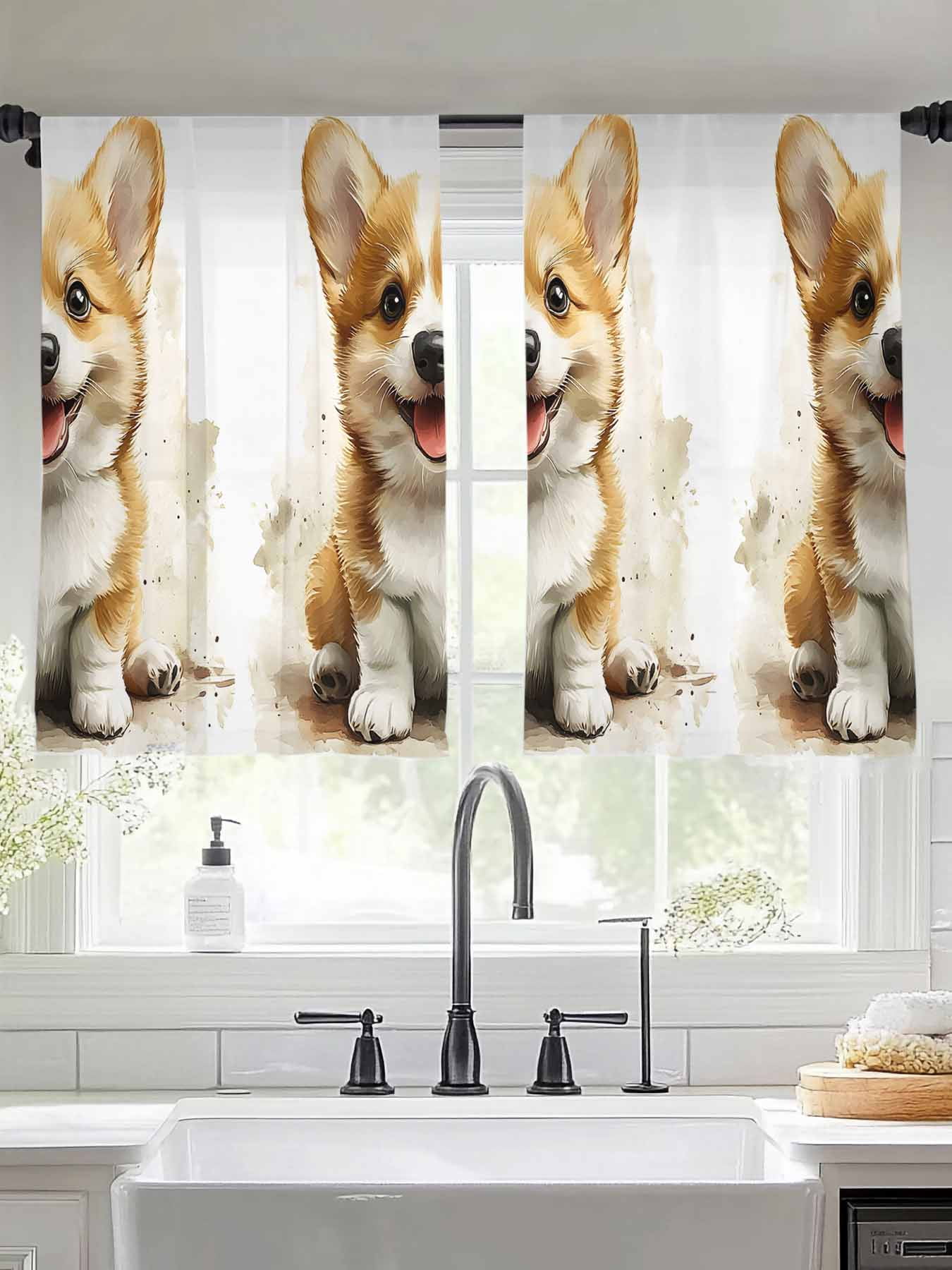 Cute Puppy Sheer Curtains for Living Room Bedroom Simple Funny Brown ...