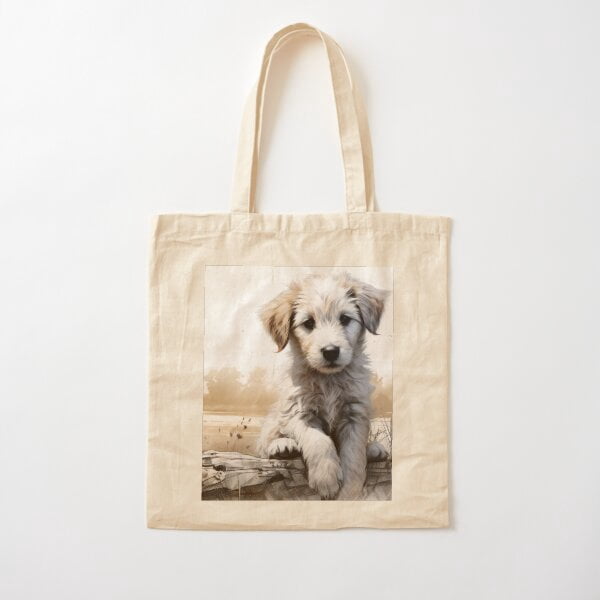 Cute Puppy Sitting On A Wooden Log Canvas Tote Bags, Reusable Shopping ...