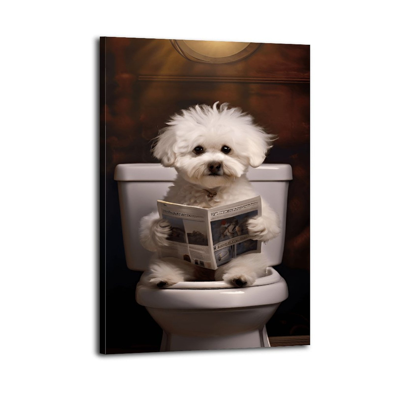 Cute Puppy Sitting on Toilet Reading Newspaper Poster Wrapped Wooden ...