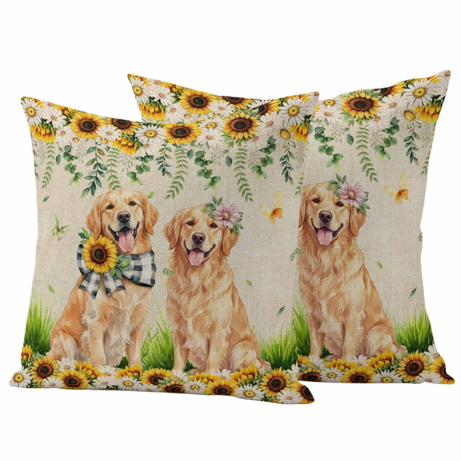 Cute Puppy Sunflowers Outdoor Waterproof Pillow Covers, Farmhouse ...