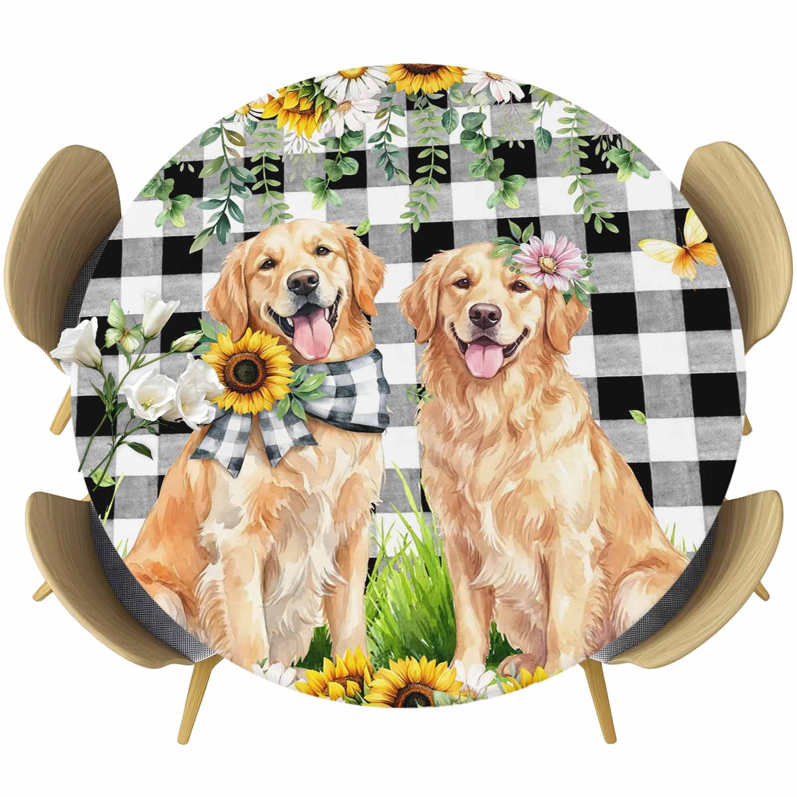 Cute Puppy Sunflowers Round Tablecloth 45-54 Inch Round Fitted Table ...
