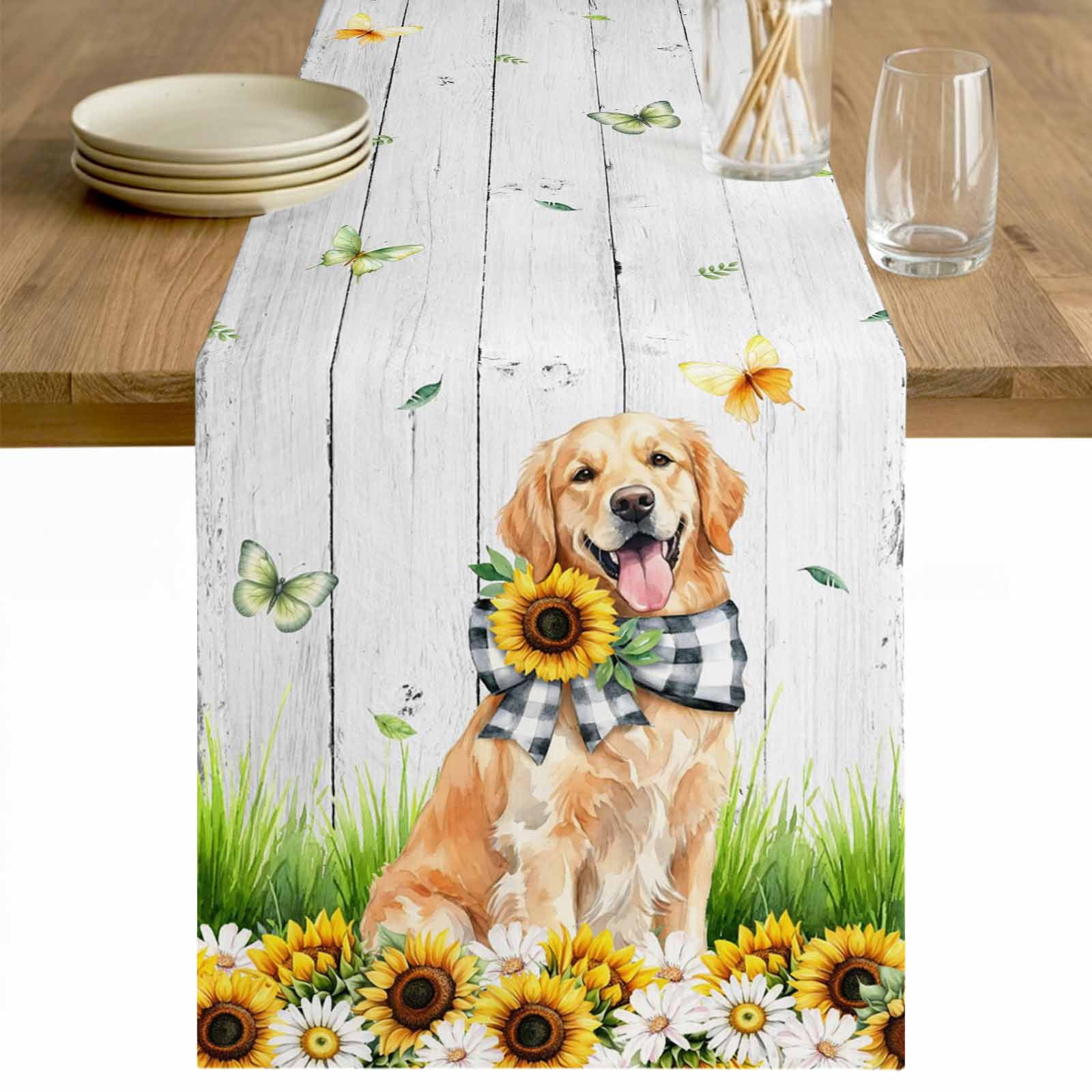 Cute Puppy Sunflowers Table Runner - 36 Inch Long Farmhouse Eucalyptus ...