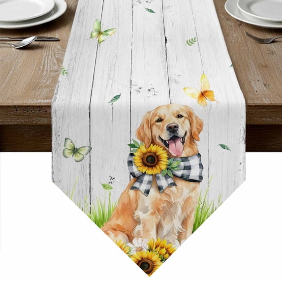Cute Puppy Sunflowers Table Runner Linen Burlap Table Runner 48 Inches ...