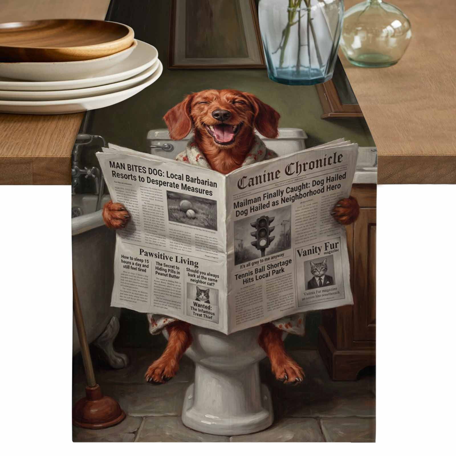Cute Puppy Table Runner 72 Inches, Funny Dogs Reading Newspaper Toilet ...