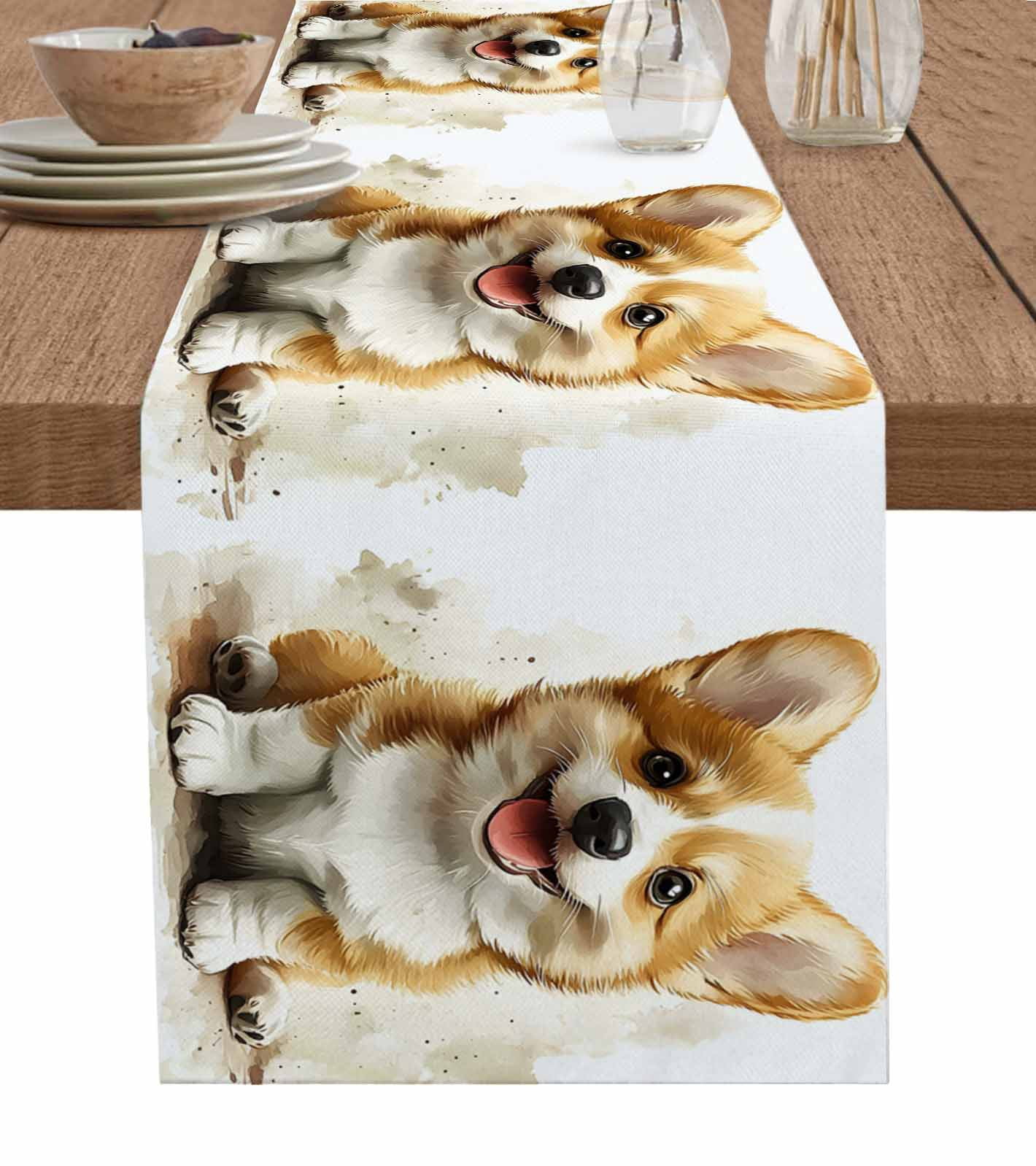 Cute Puppy Table Runner 72 Inches, Simple Funny Brown Dog Animal ...