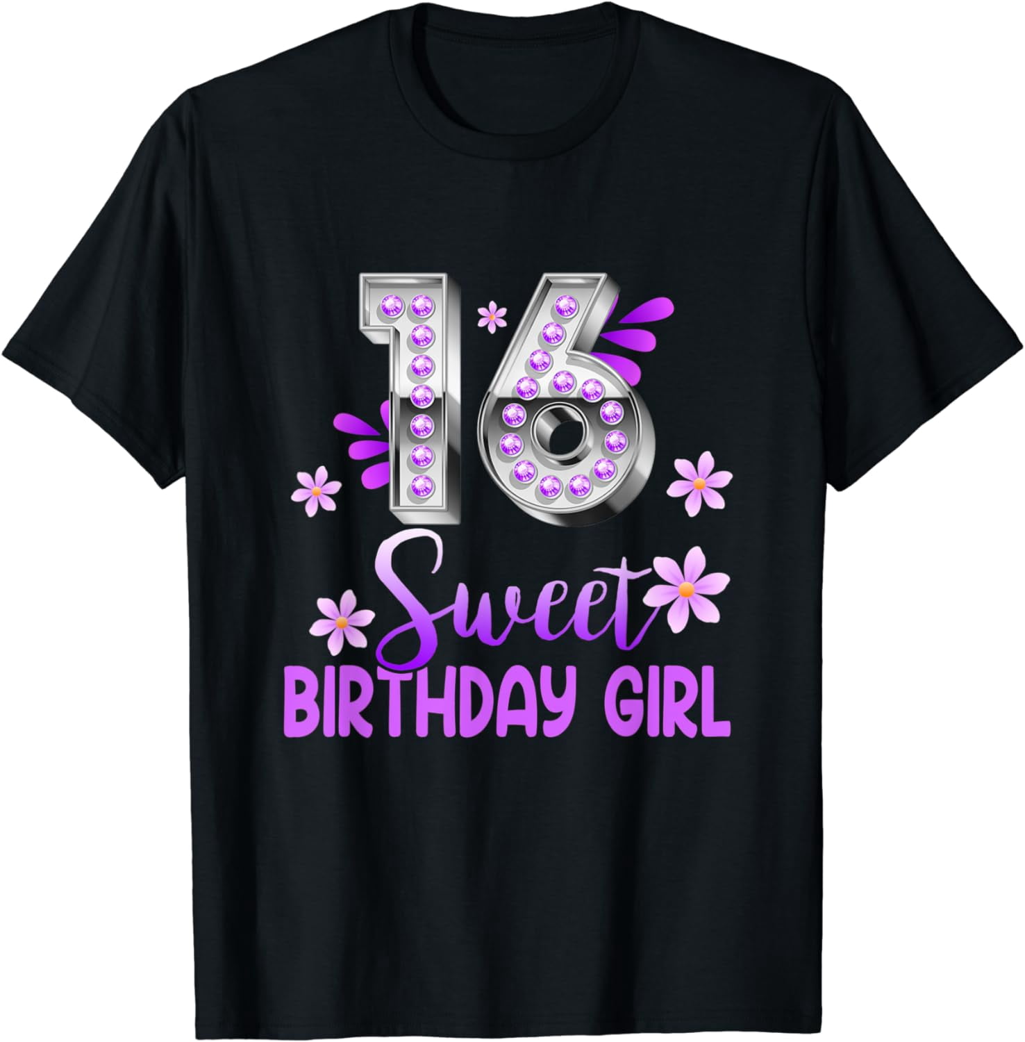 Cute Purple Black Sweet 16 Style Girl 16th Birthday Sixteen T-Shirt ...