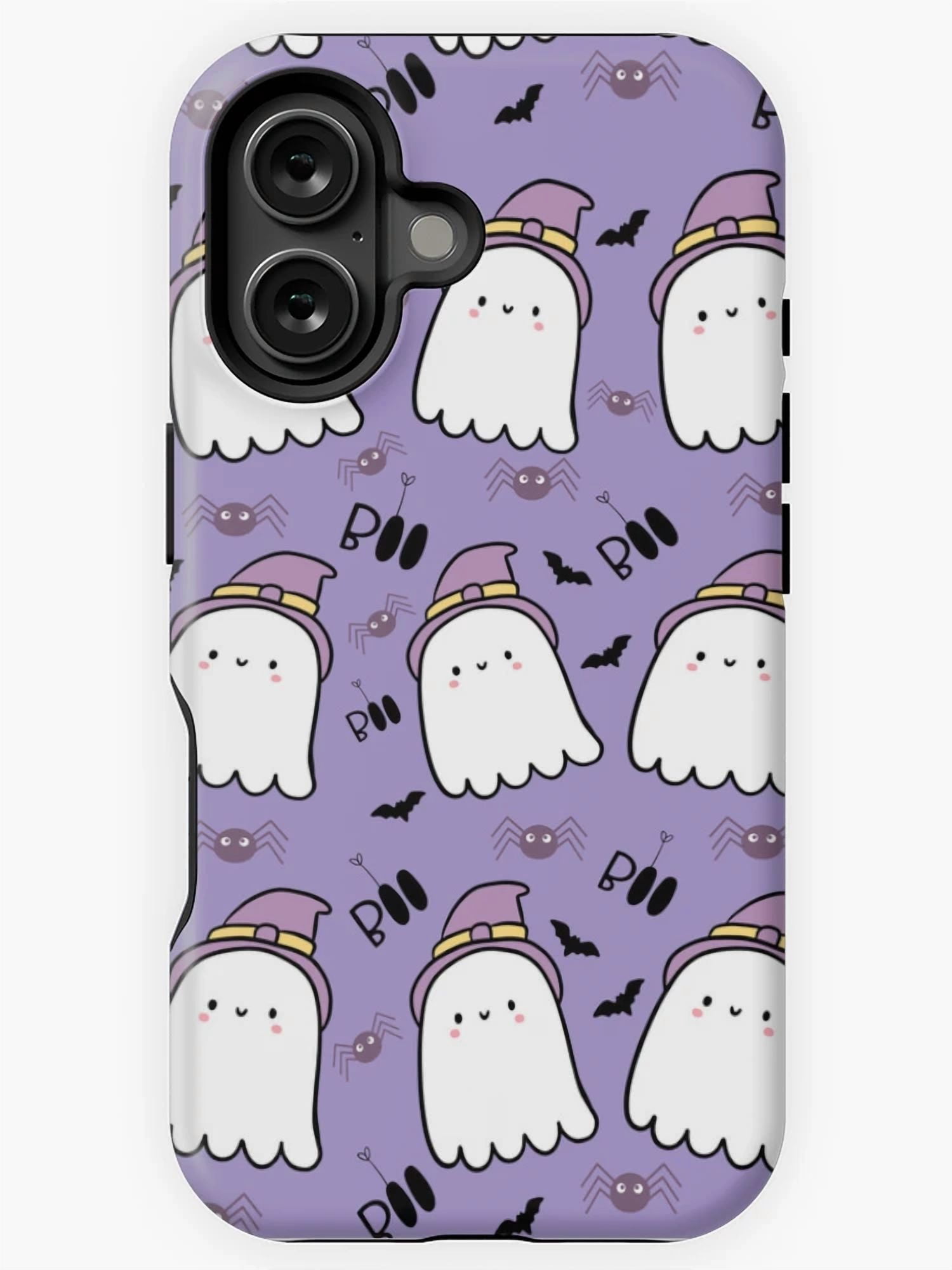 Cute Purple Ghost Pattern iPhone Case Halloween Bats Pumpkins 11 to 16 ...