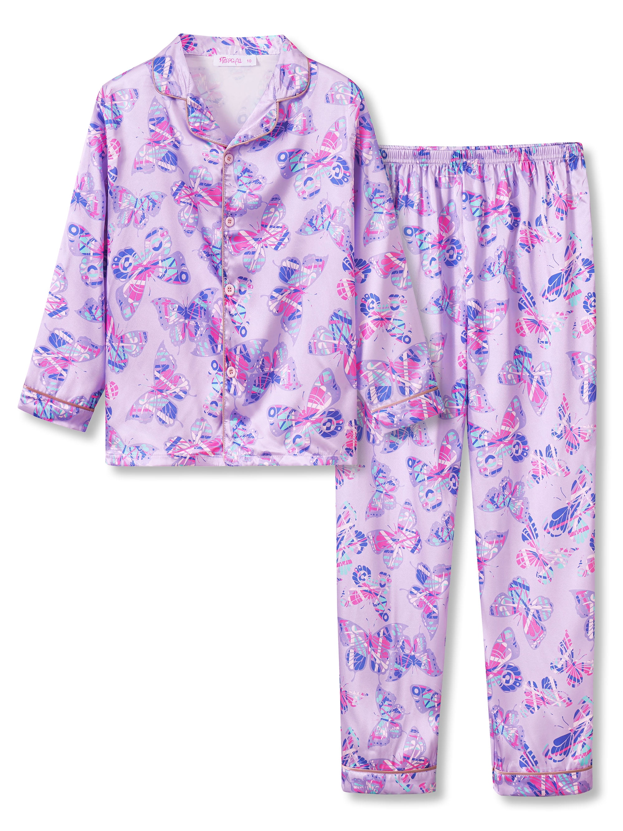 Cute Purple Mutli-Butterfly Pajamas for Girls – Satin Silky Long Sleeve ...