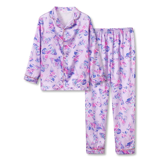 Cute Purple Mutli-Butterfly Pajamas for Girls – Satin Silky Long Sleeve ...