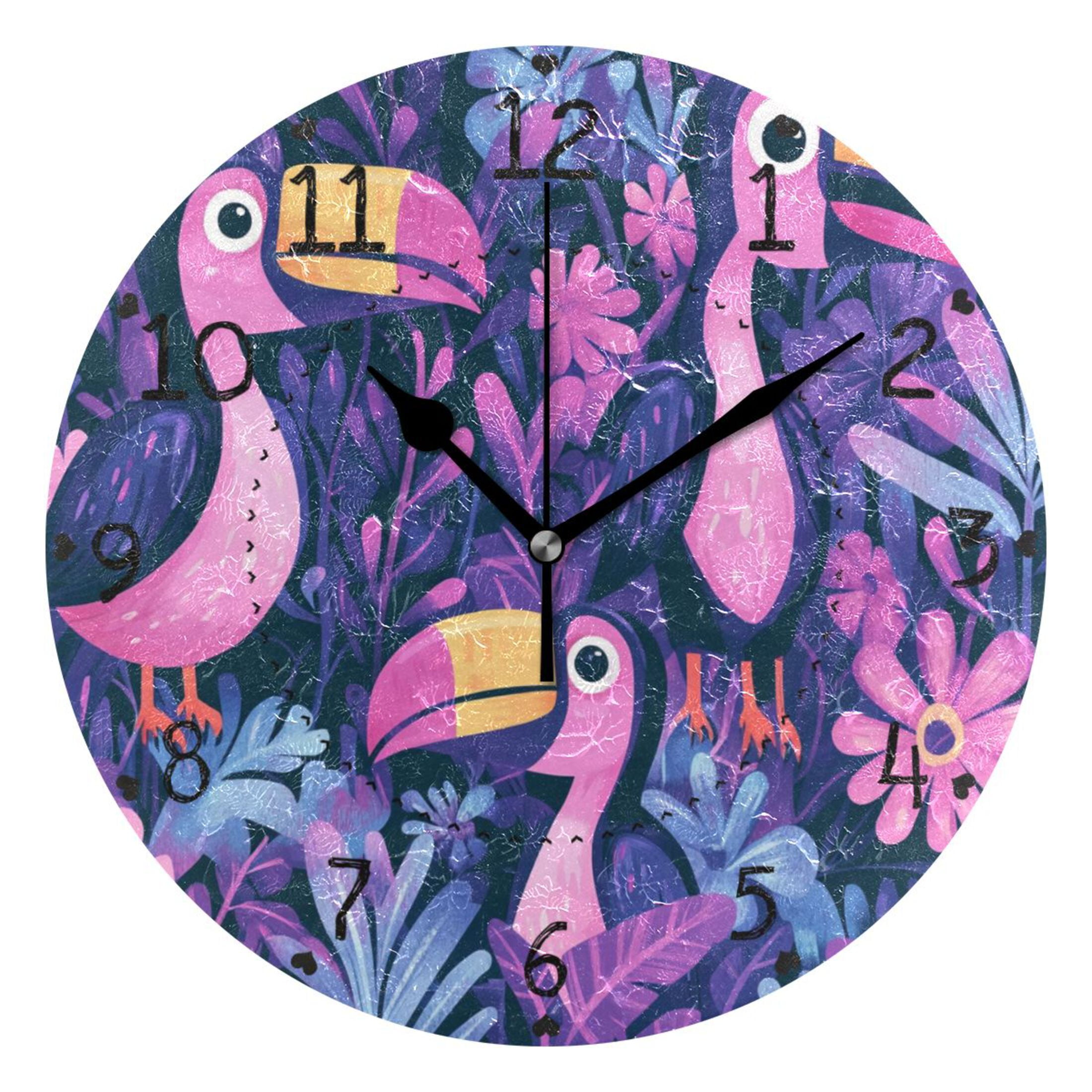Cute Purple Toucans Round Wall Clock Silent Battery Operated Home Decor ...