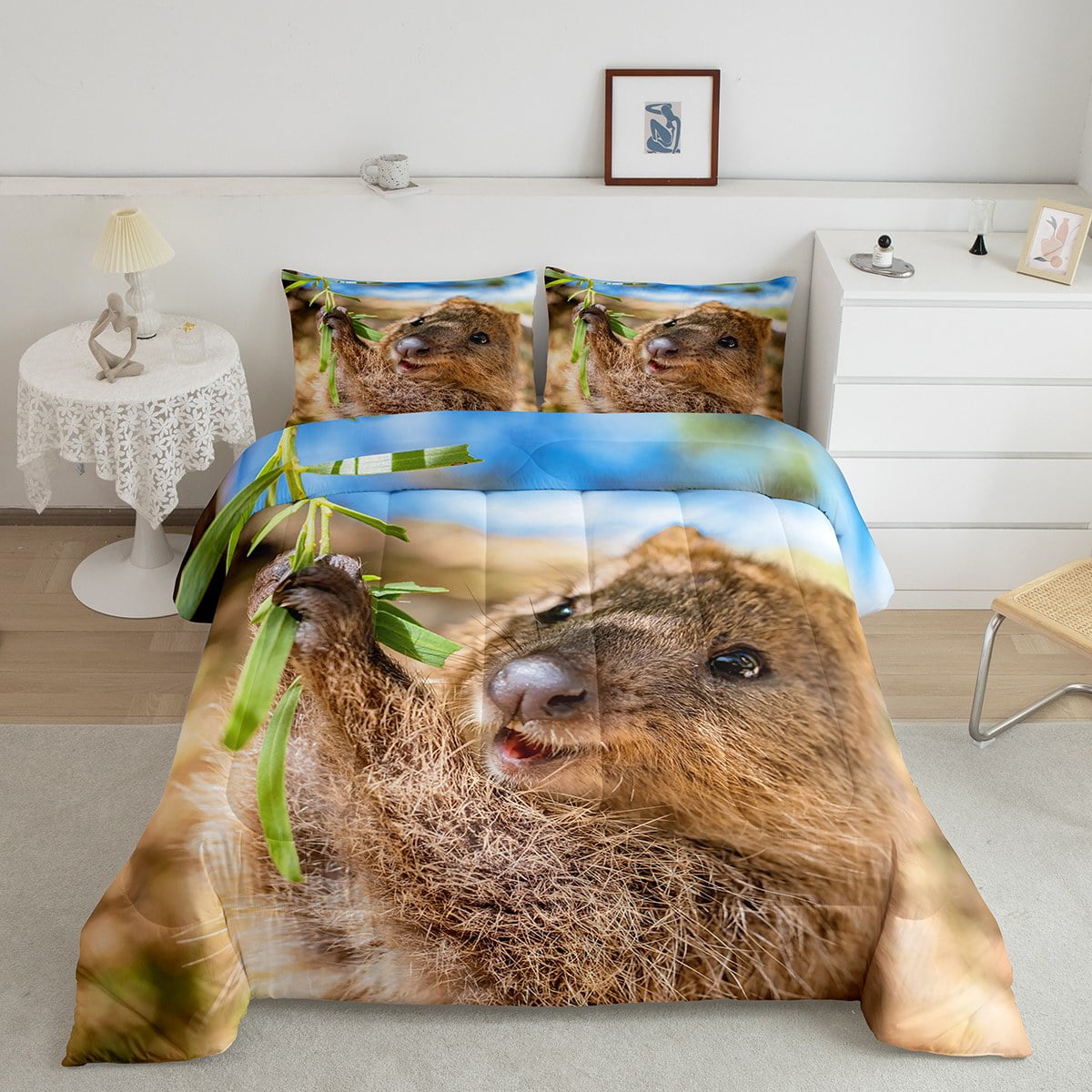 Cute Quokka Comforter Set Full Green Leaves Bedding Set, Australia ...