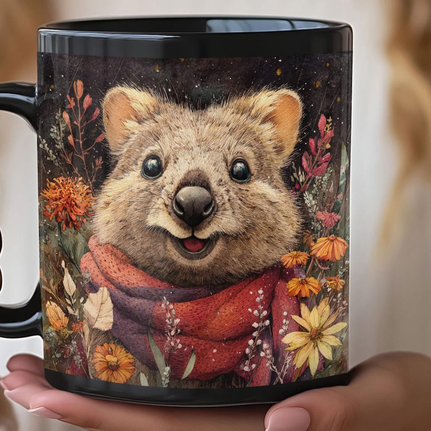 Cute Quokka in Fall Flowers, Animal Lover Gift, Coffee Cup, Tea Mug ...