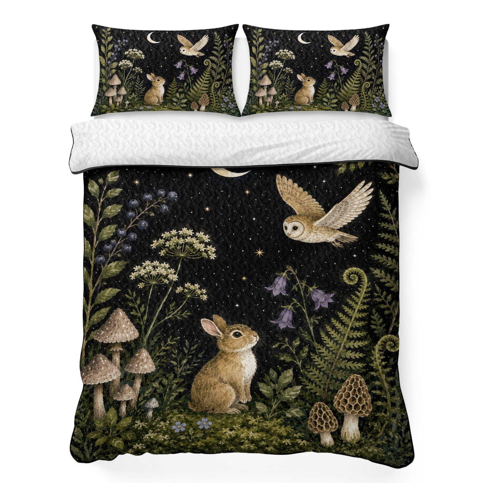 Cute Rabbit 3 Piece Quilt Bedding Set with 2 Pillow Shams, Midnight ...