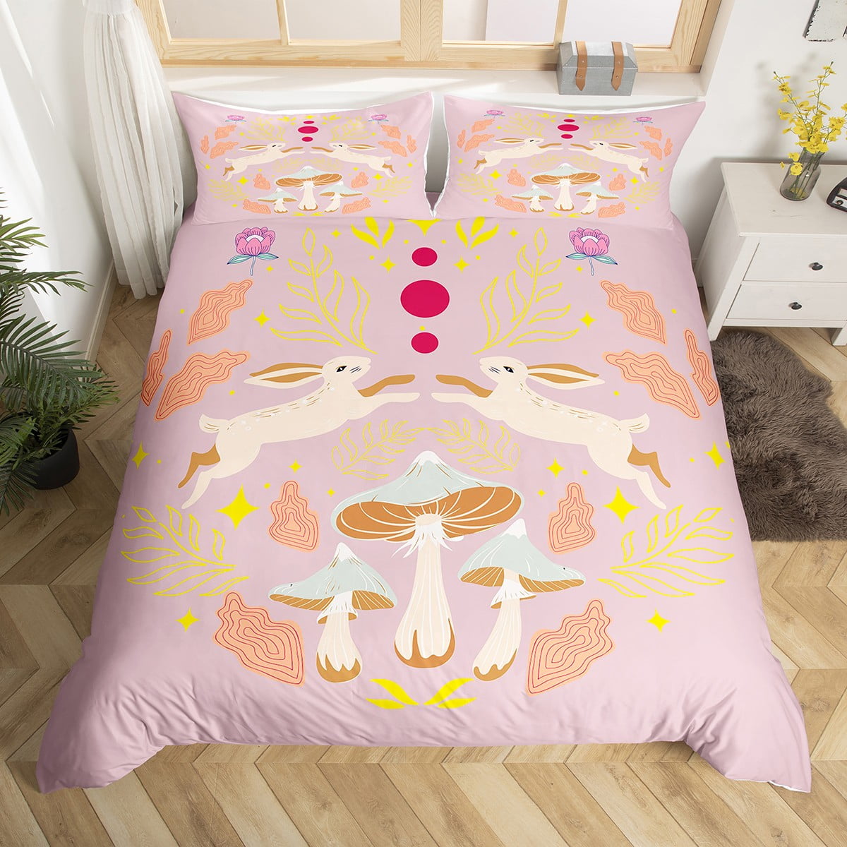 Cute Rabbit Bed Sets with 2 Pillowcases,Wild Mushroom Animal Jungle ...