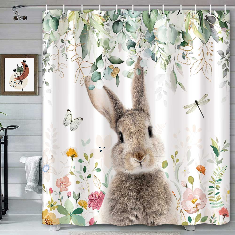 Rabbit Bunny Shower Curtain Set, Spring Easter, Waterproof Fabric ...