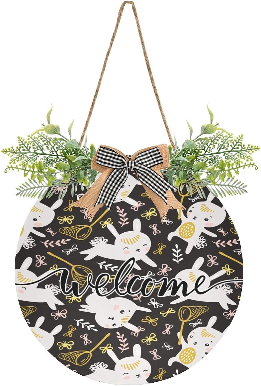 Cute Rabbit Butterfly Welcome Sign Farmhouse Front Porch Door Hanging ...
