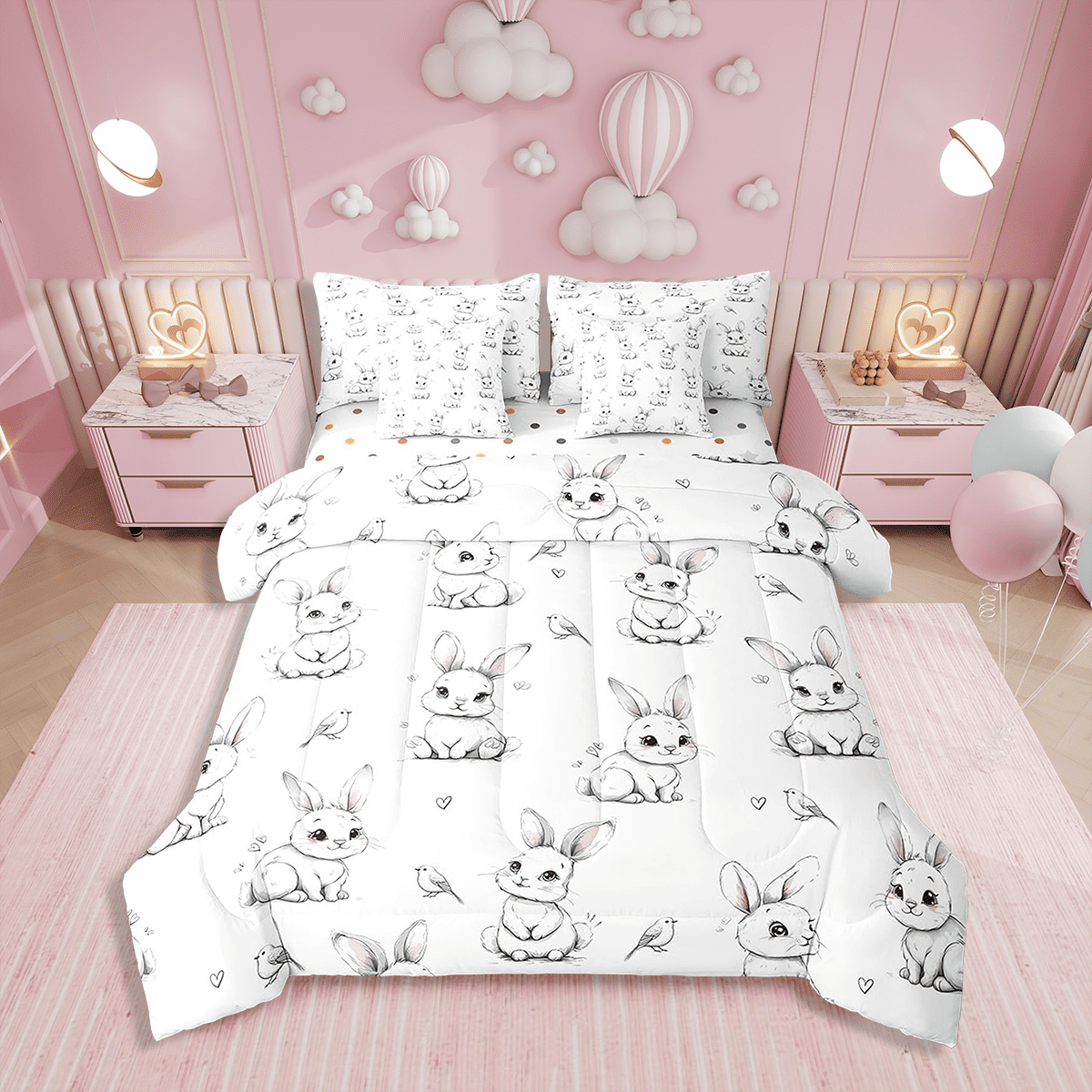 Cute Rabbit Cartoon 7 Piece Bedding Set Twin Size Easter Bunnies ...
