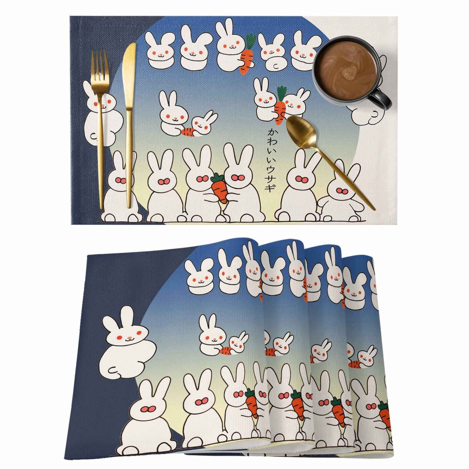 Cute Rabbit Cotton Linen Placemats Set of 12, Japanese Style Bunny Blue ...