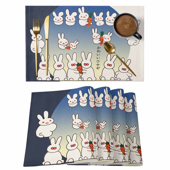 Cute Rabbit Cotton Linen Placemats Set of 12, Japanese Style Bunny Blue ...