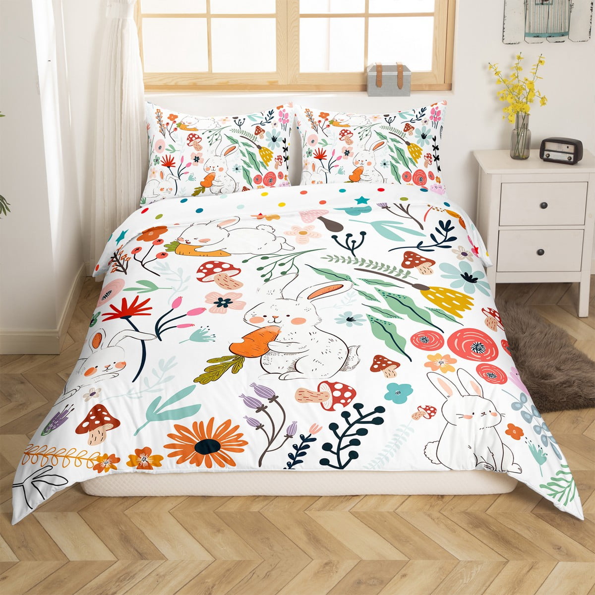 Cute Rabbit Duvet Cover Mushroom Floral Queen Bedding Sets for Girls ...