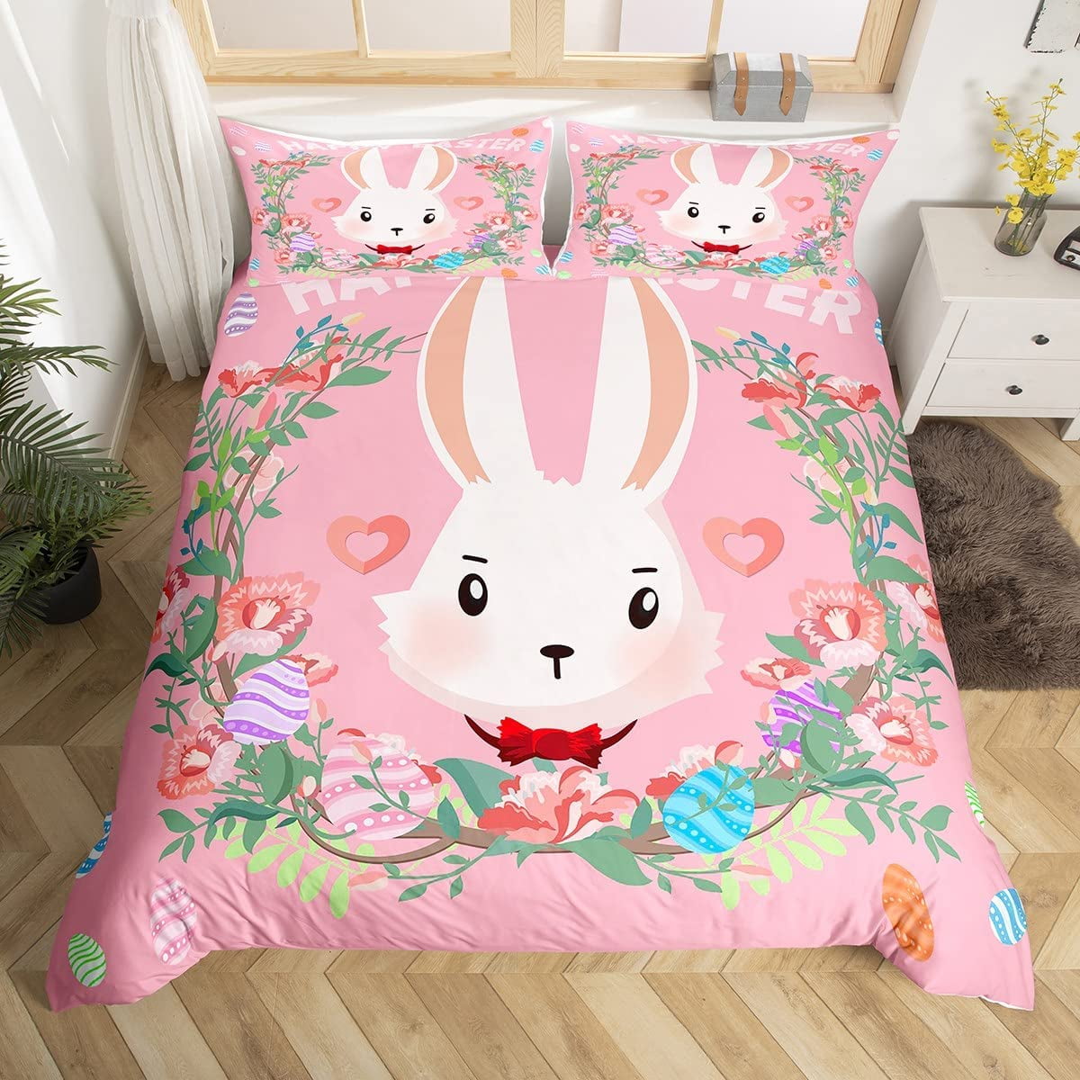 Cute Rabbit Duvet Cover Set Twin Colorful Flower Bedding Set Microfiber ...