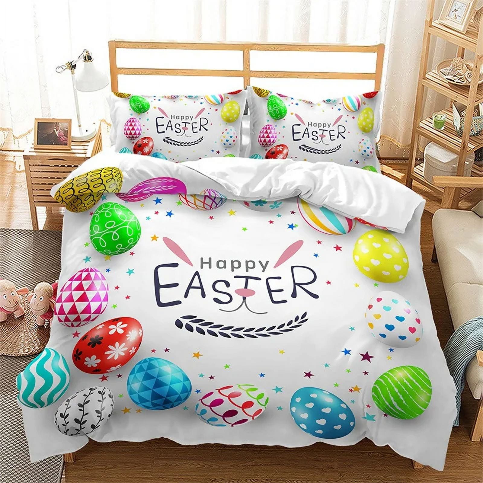 Cute Rabbit Duvet Cover Twin Colorful Eggs Bedding Set Microfiber ...
