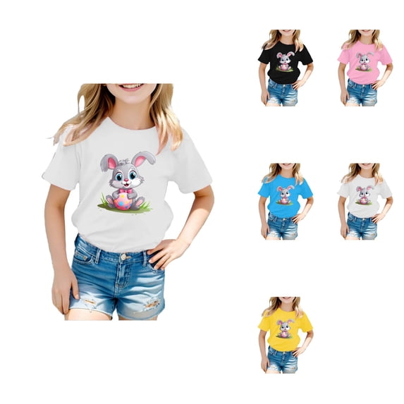 Cute Rabbit Easter Egg Graphic T-Shirt for Girls – Short Sleeve Casual ...