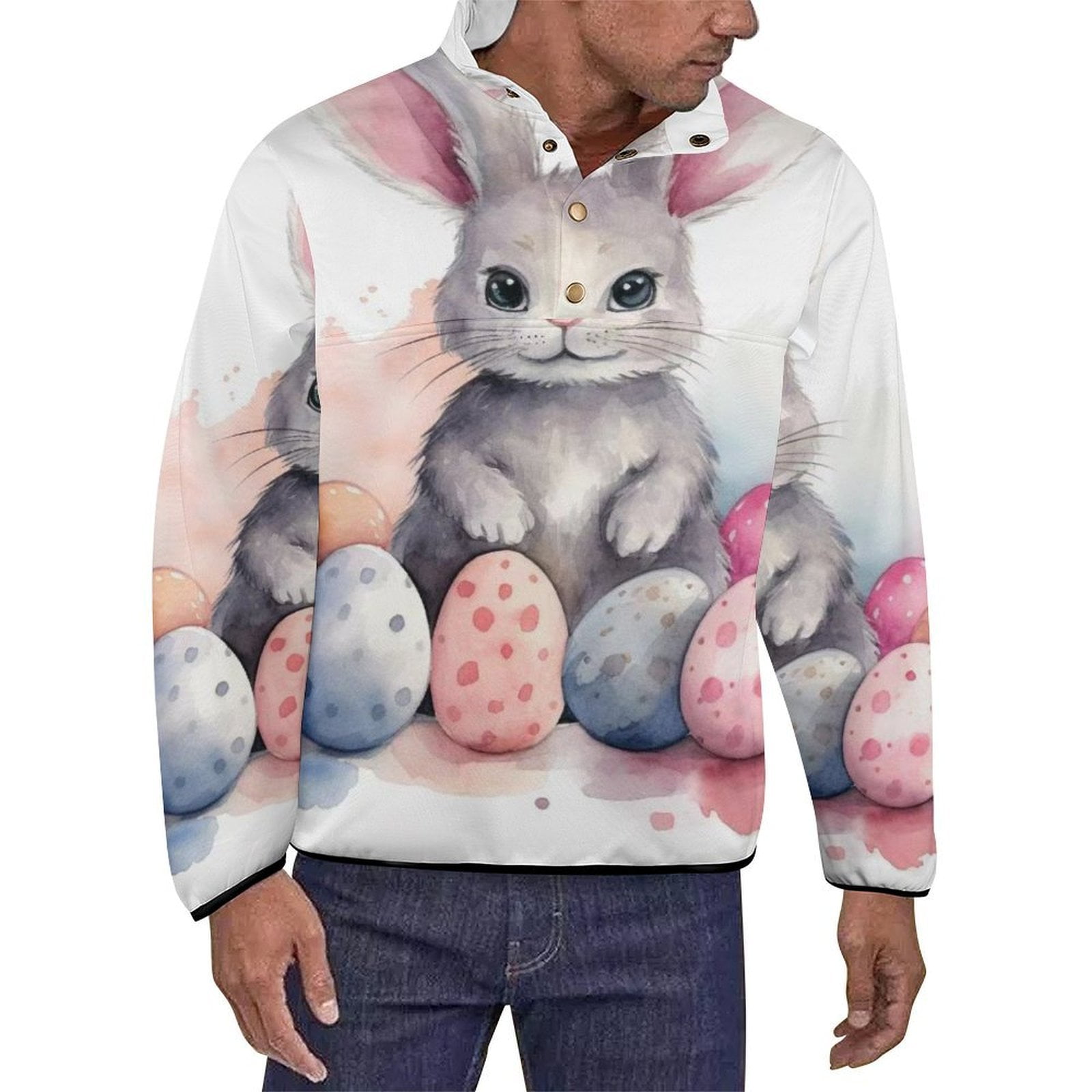 Cute Rabbit Egg Men's Stand Collar Sweater Long Sleeve Clothing Loose ...