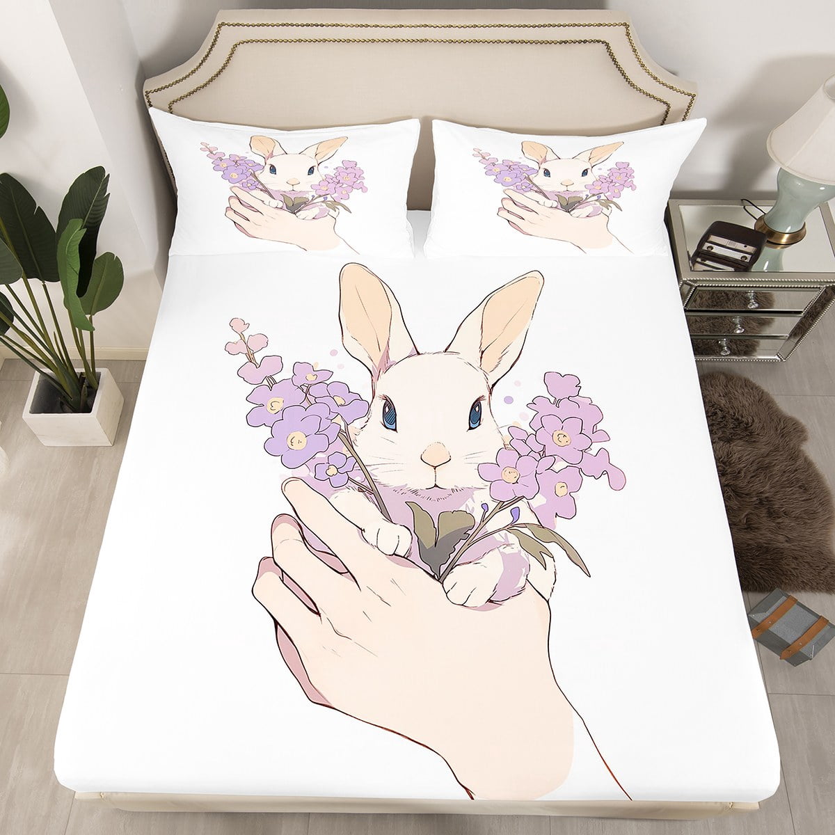 Cute Rabbit Fitted Sheet Queen Size,Purple Lavender Bedding Set 3Pcs ...