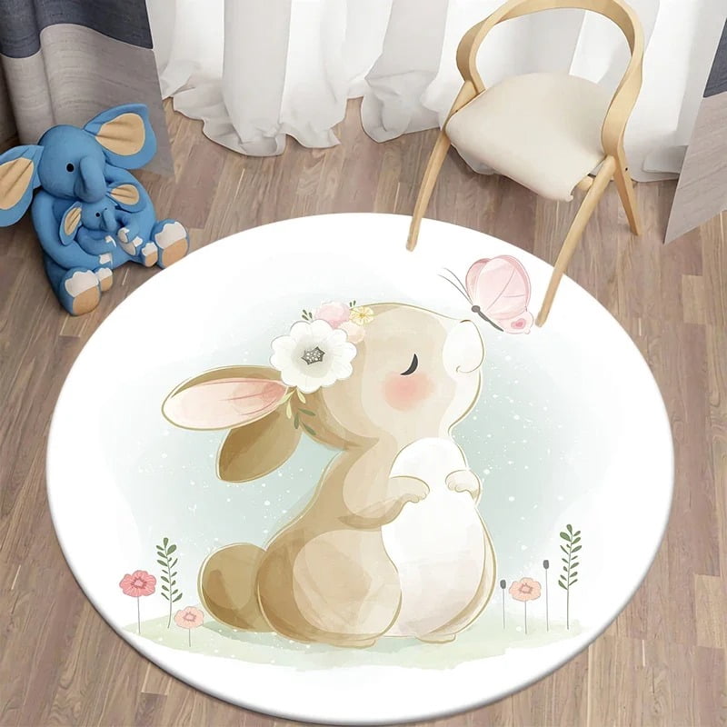 Cute Rabbit Fox Pattern Round Floor Mat Living Room Animal Print Carpet ...
