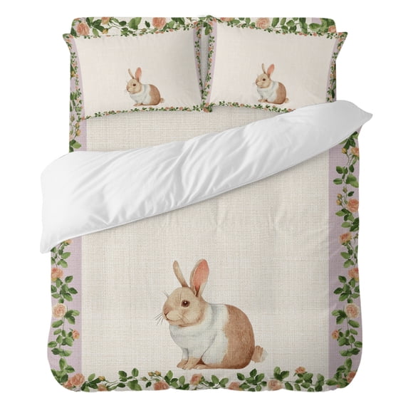Cute Rabbit Full Duvet Cover Set, Spring Pink Rose Flower Green Leaf ...