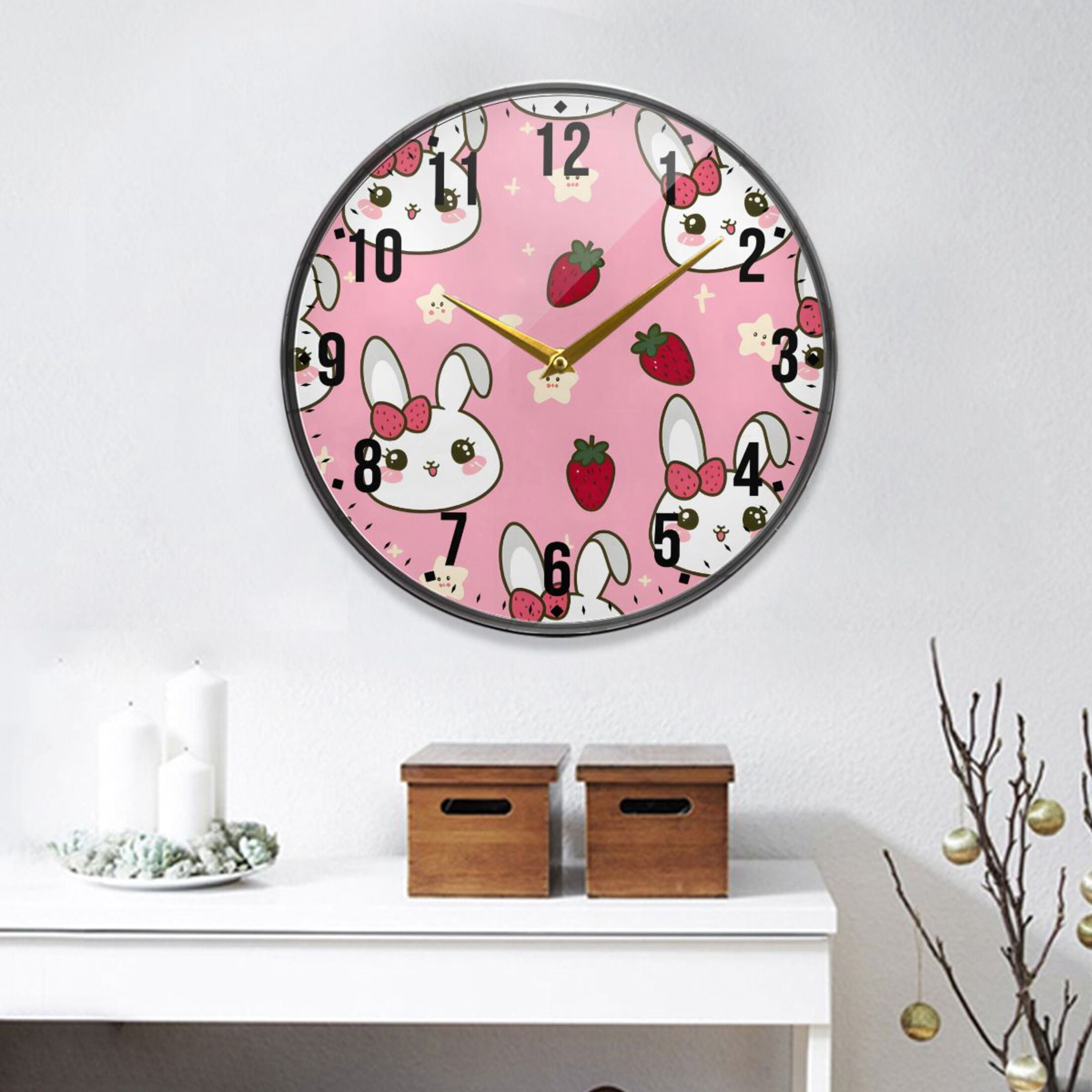 Cute Rabbit Head with Strawberry Round Wall Clock 9.5 Inch Non-Ticking ...