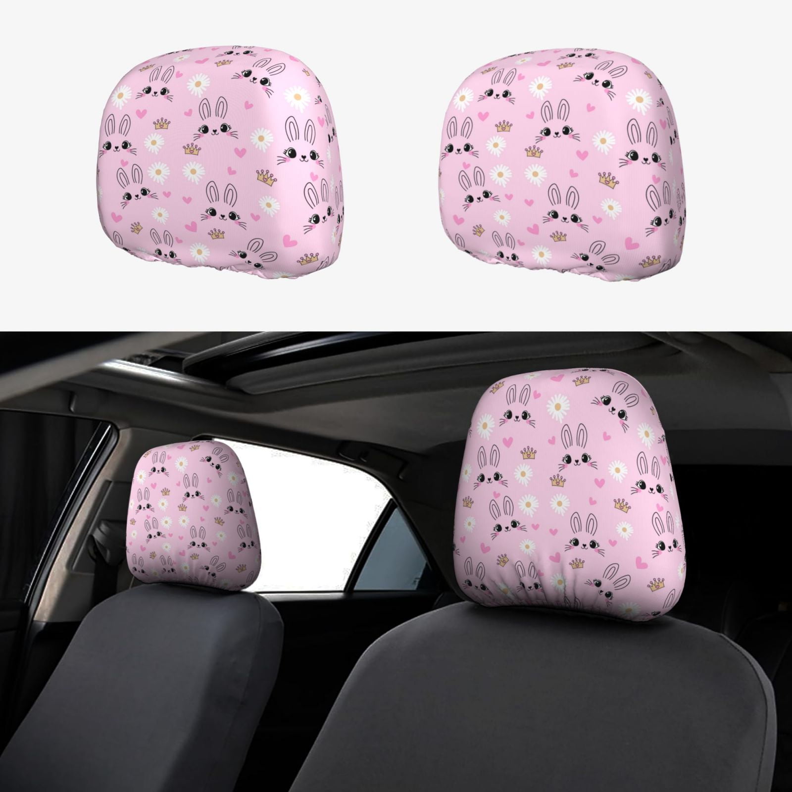 Cute Rabbit Love Flower Pink Headrest Cover for Cars, 2Pack Car ...