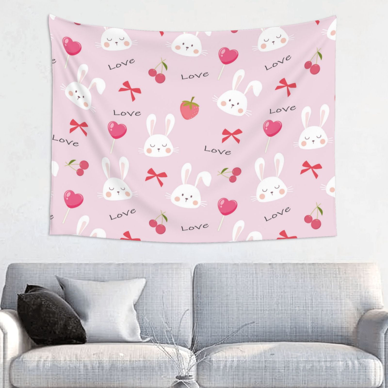 Cute Rabbit Love Sugar Pink Tapestry Wall Hanging, Wall Tapestry for ...