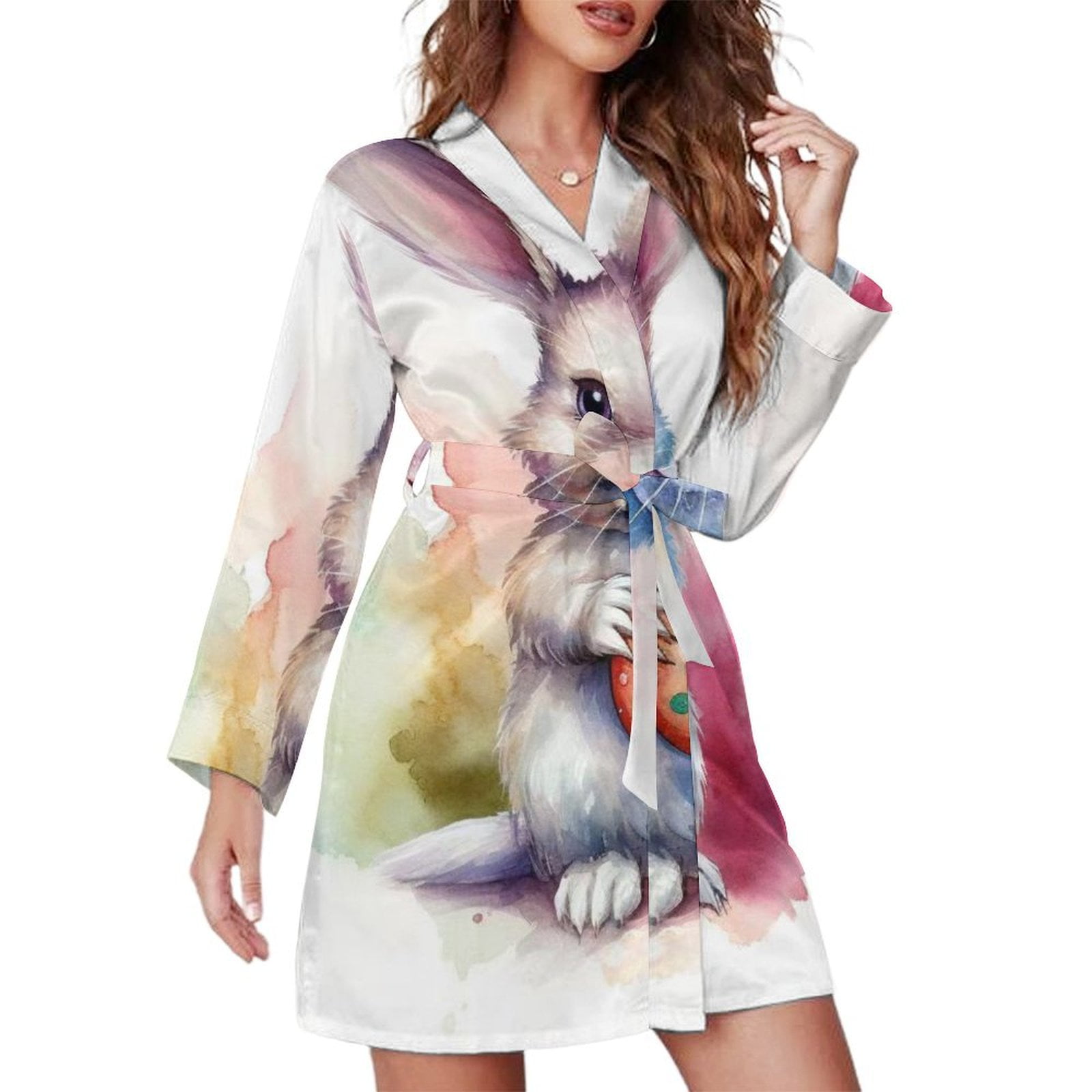 Cute Rabbit Night Robe Long Sleeve V Neck Robe With Belt Women's ...