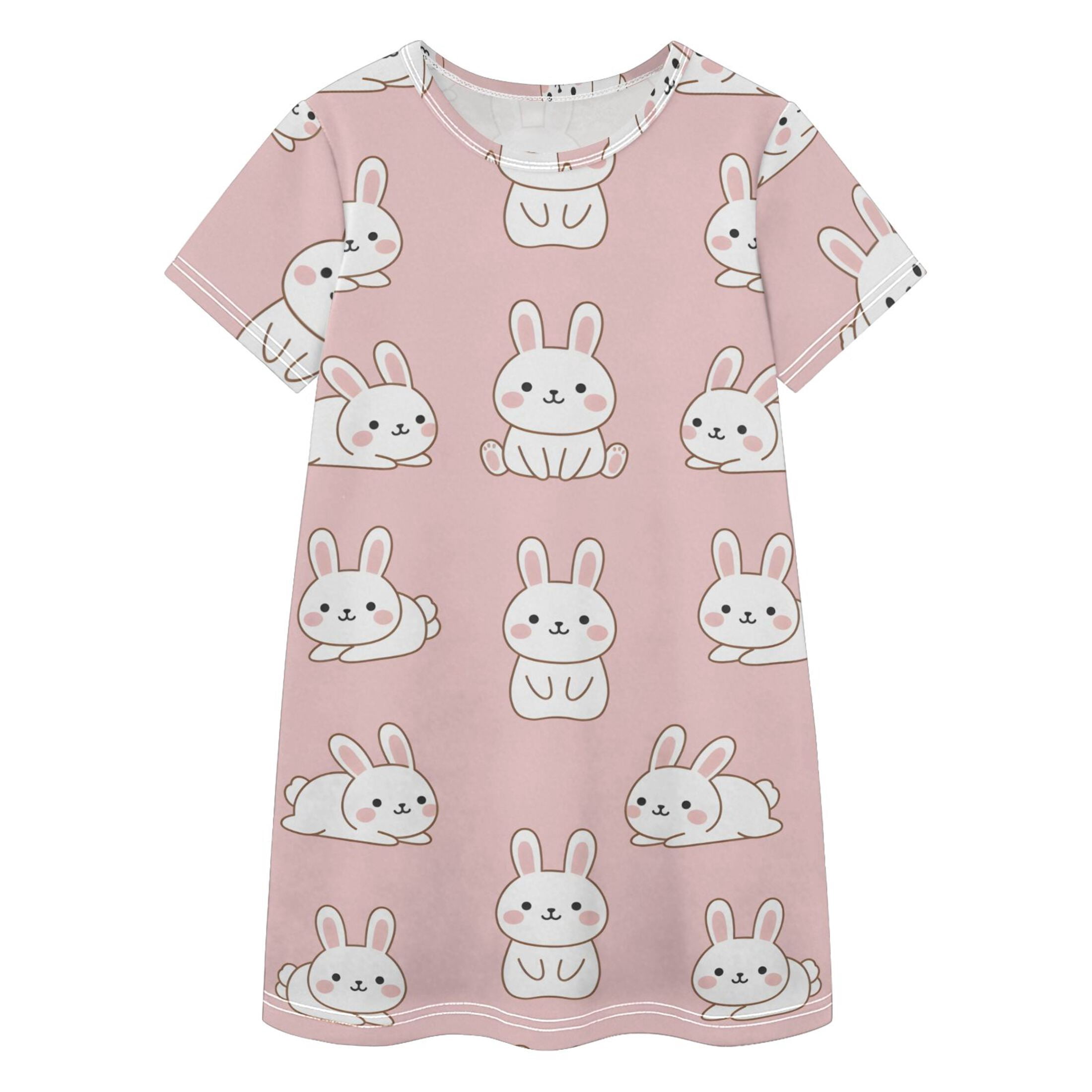 Cute Rabbit Pattern Girls' Casual Dresses Short Sleeve Cotton Dress for ...