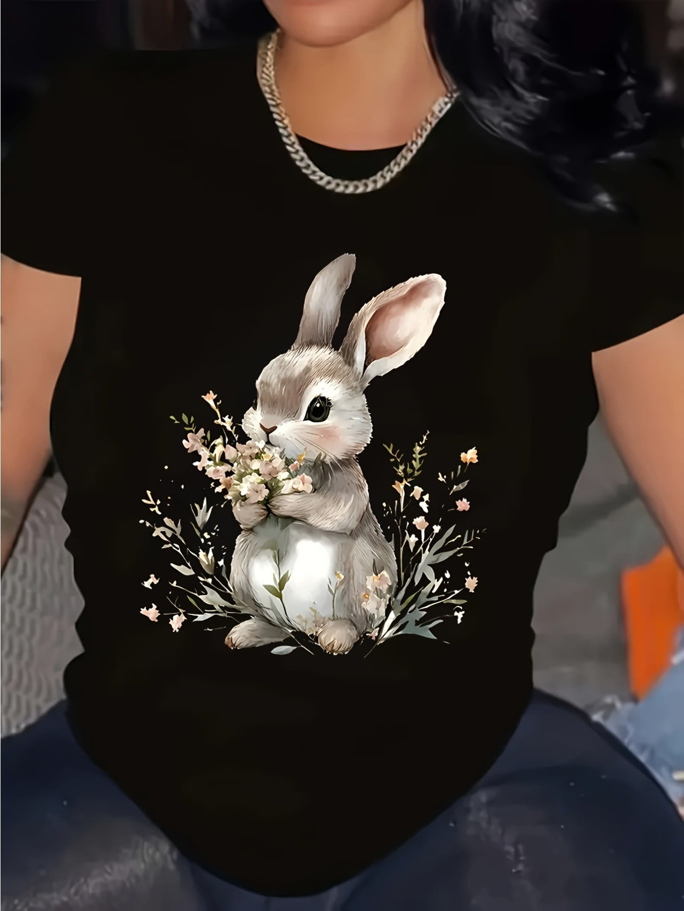 Cute Rabbit Print Plus-Size T-Shirt, Comfortable Round-Neck Top, Made ...