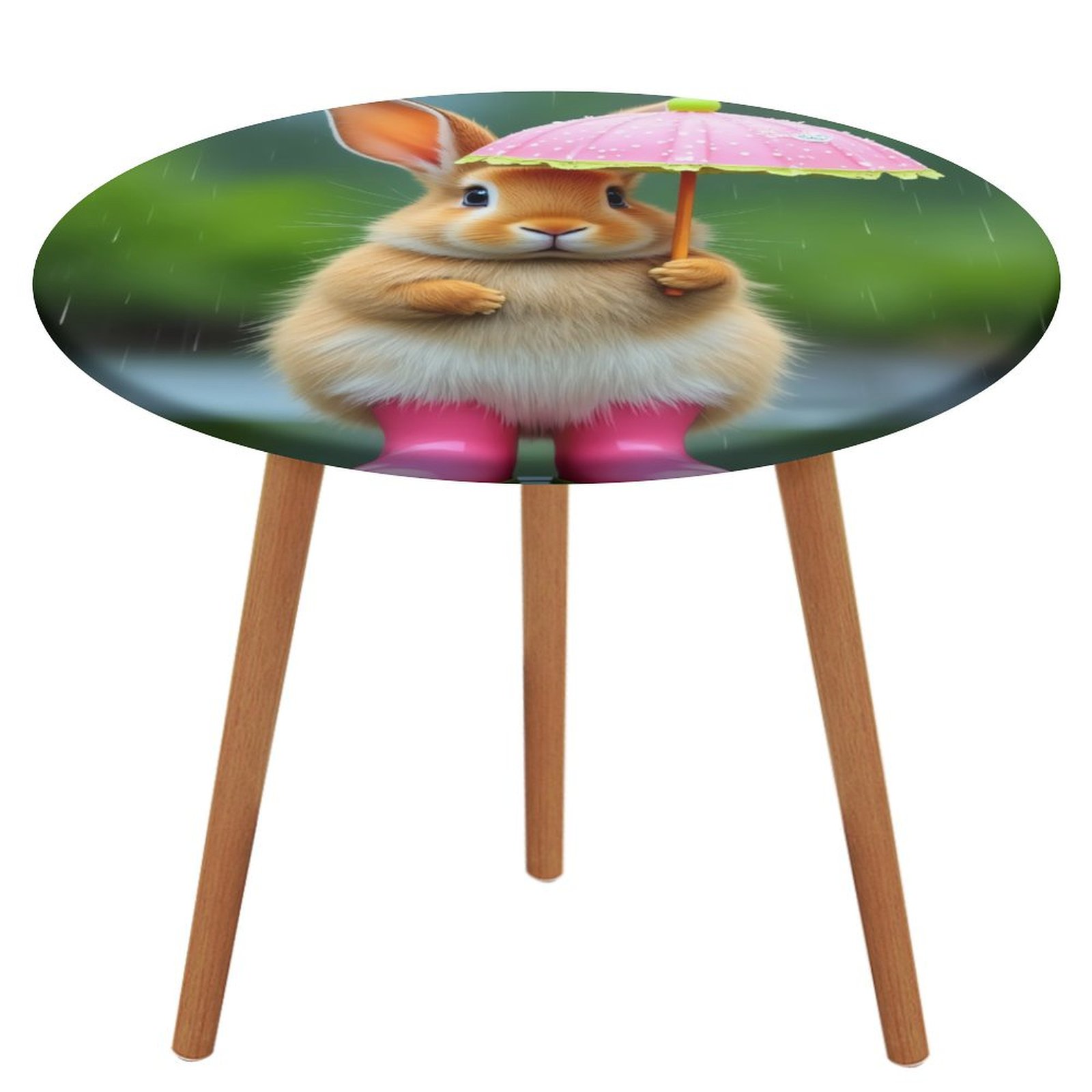 Cute Rabbit in Rain with Umbrella Pattern Round Tablecloth Waterproof ...