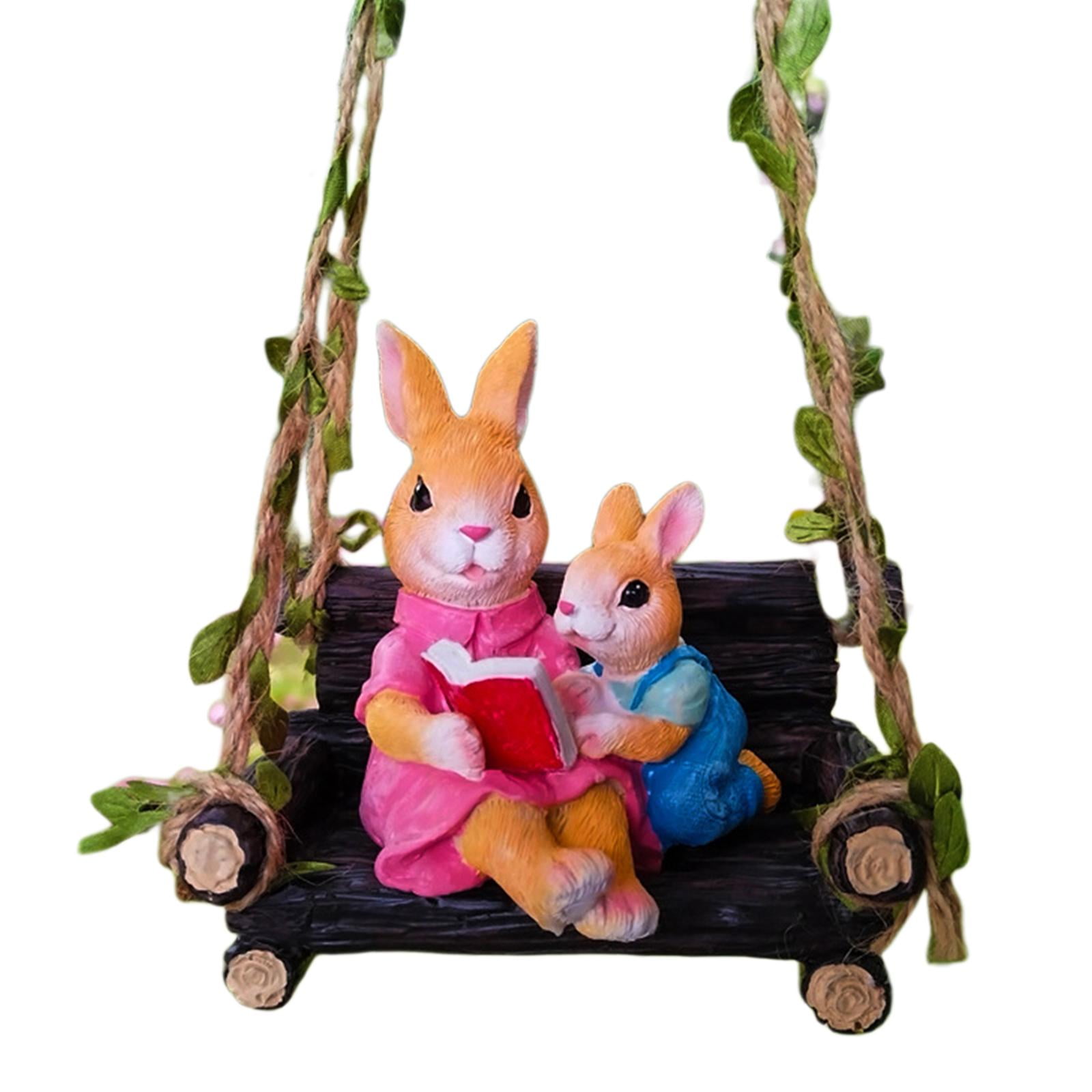 Cute Rabbit Reading Book Sculpture Crafts Garden Bunny Swing Statue for ...