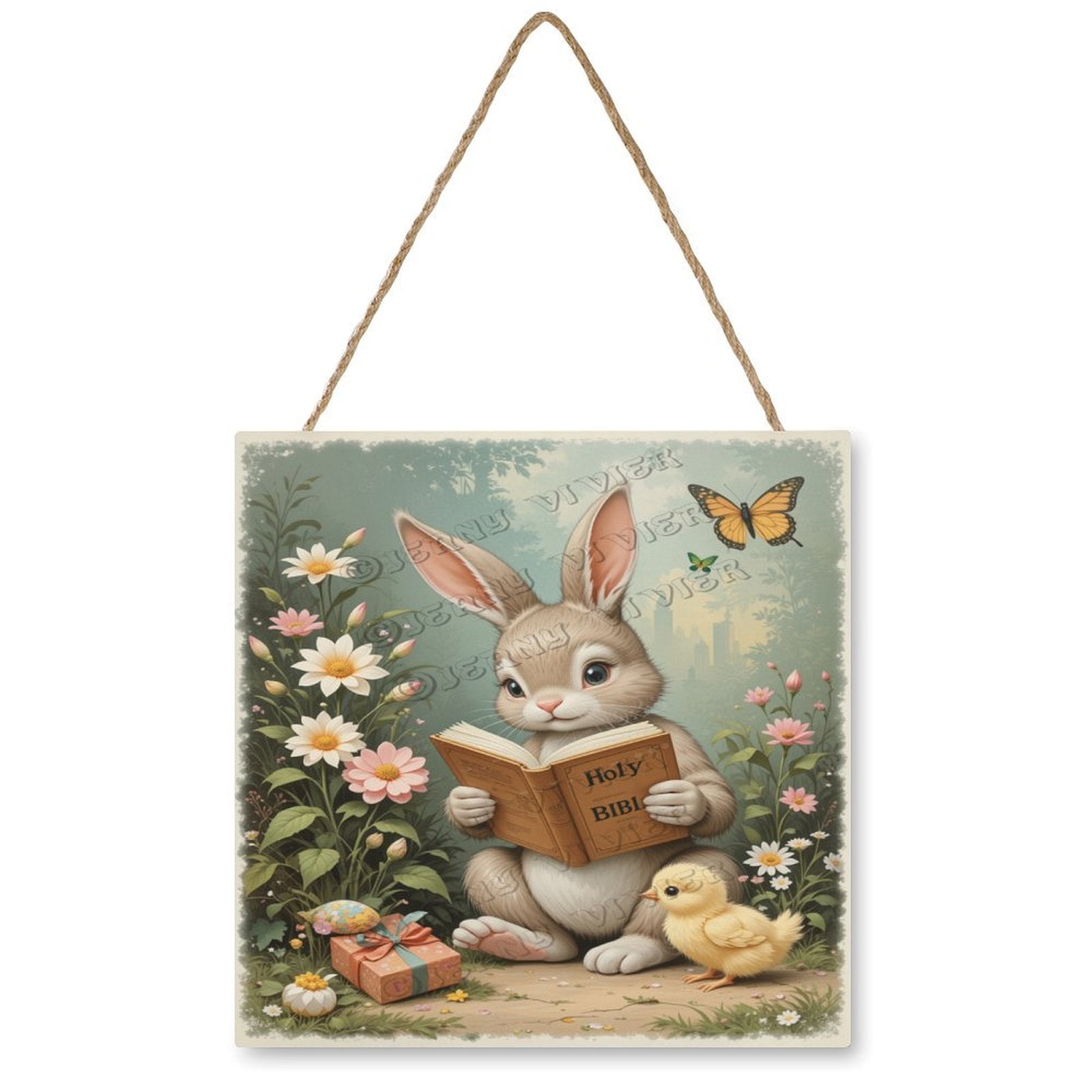 Cute Rabbit Reading The Holy Bible Wood Hanging Sign Country Animal ...