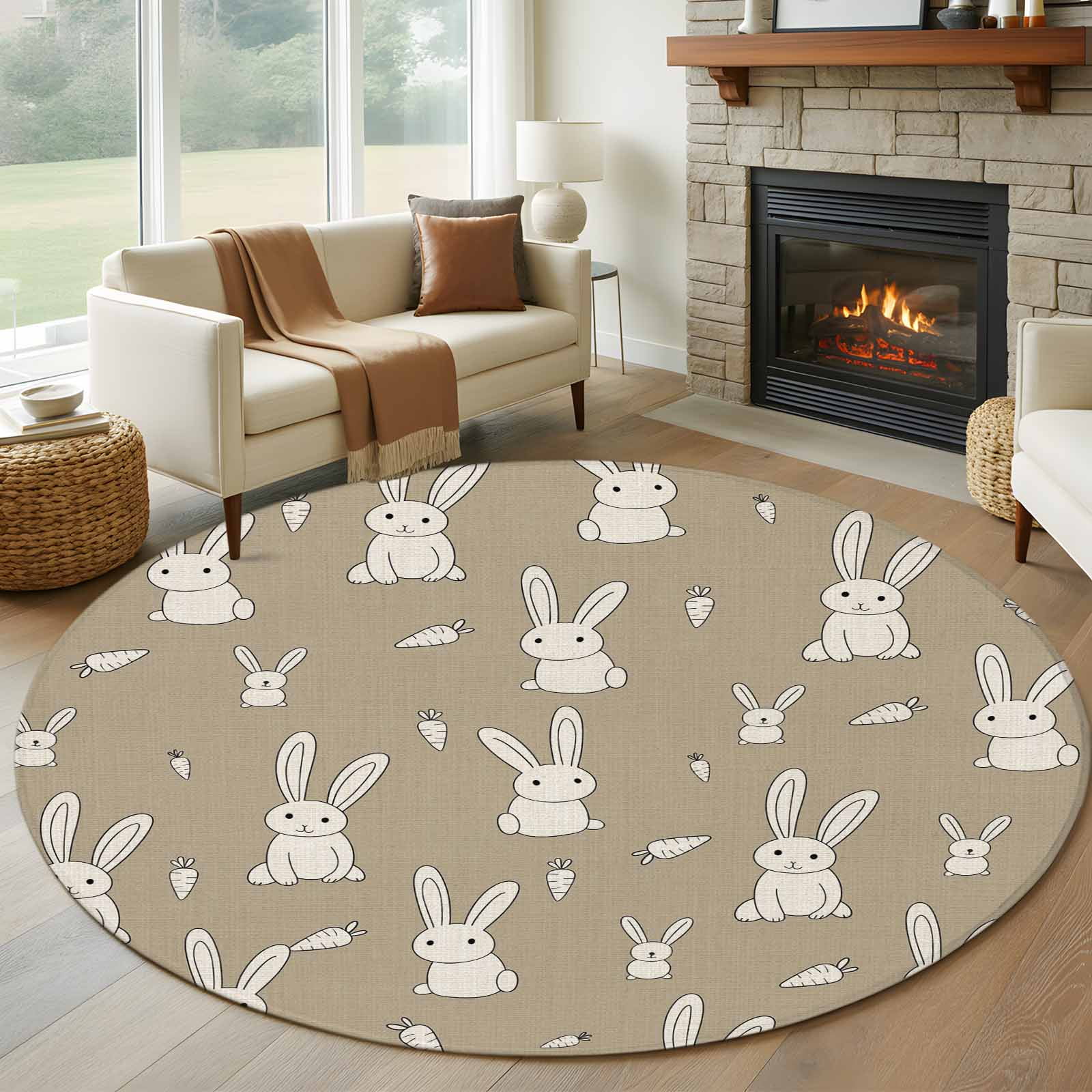 Cute Rabbit Round Rug 5ft Washable Circle Kitchen Rugs Non Slip Cartoon ...