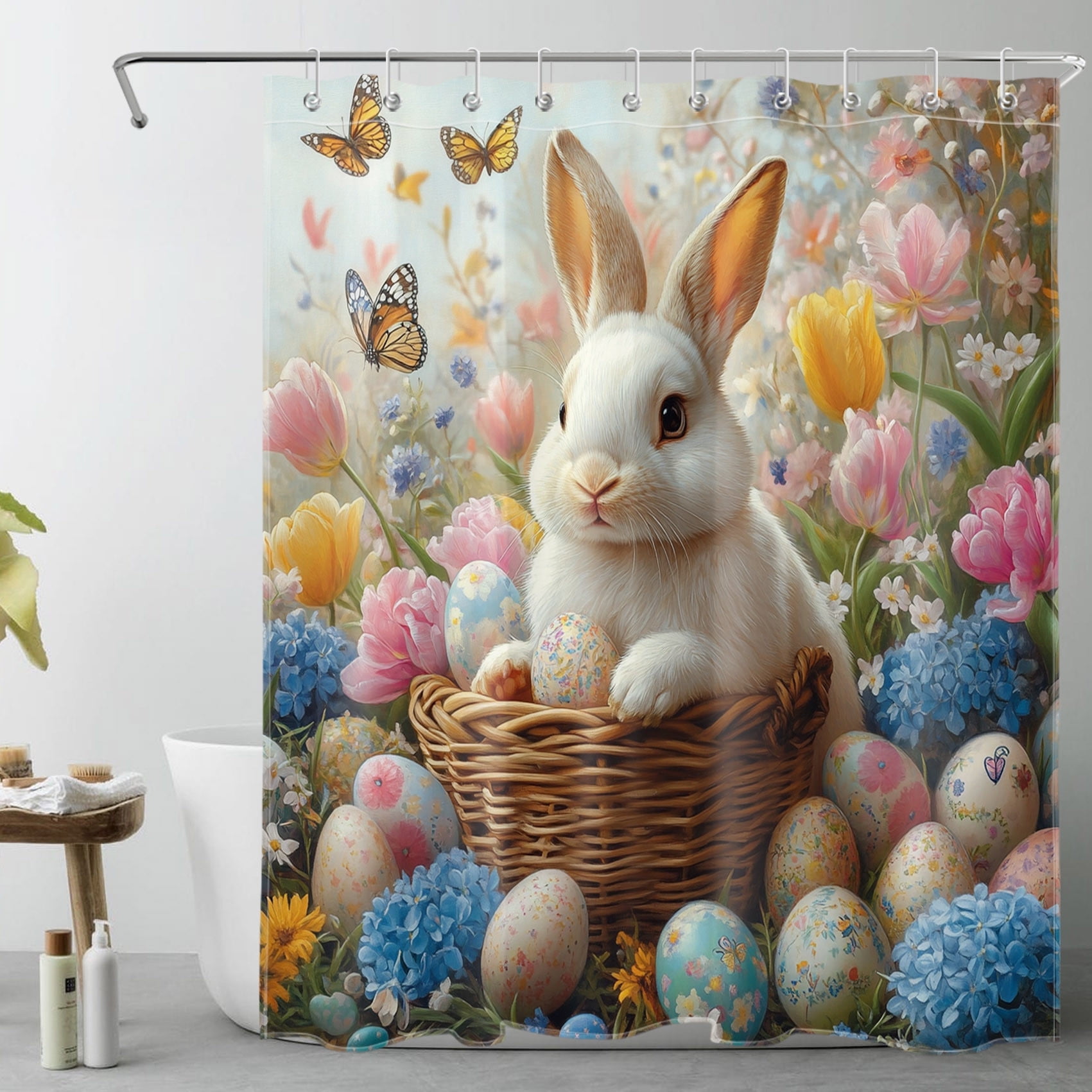 Cute Rabbit Shower Curtain Easter Bunny Floral and Colorful Eggs Shower ...