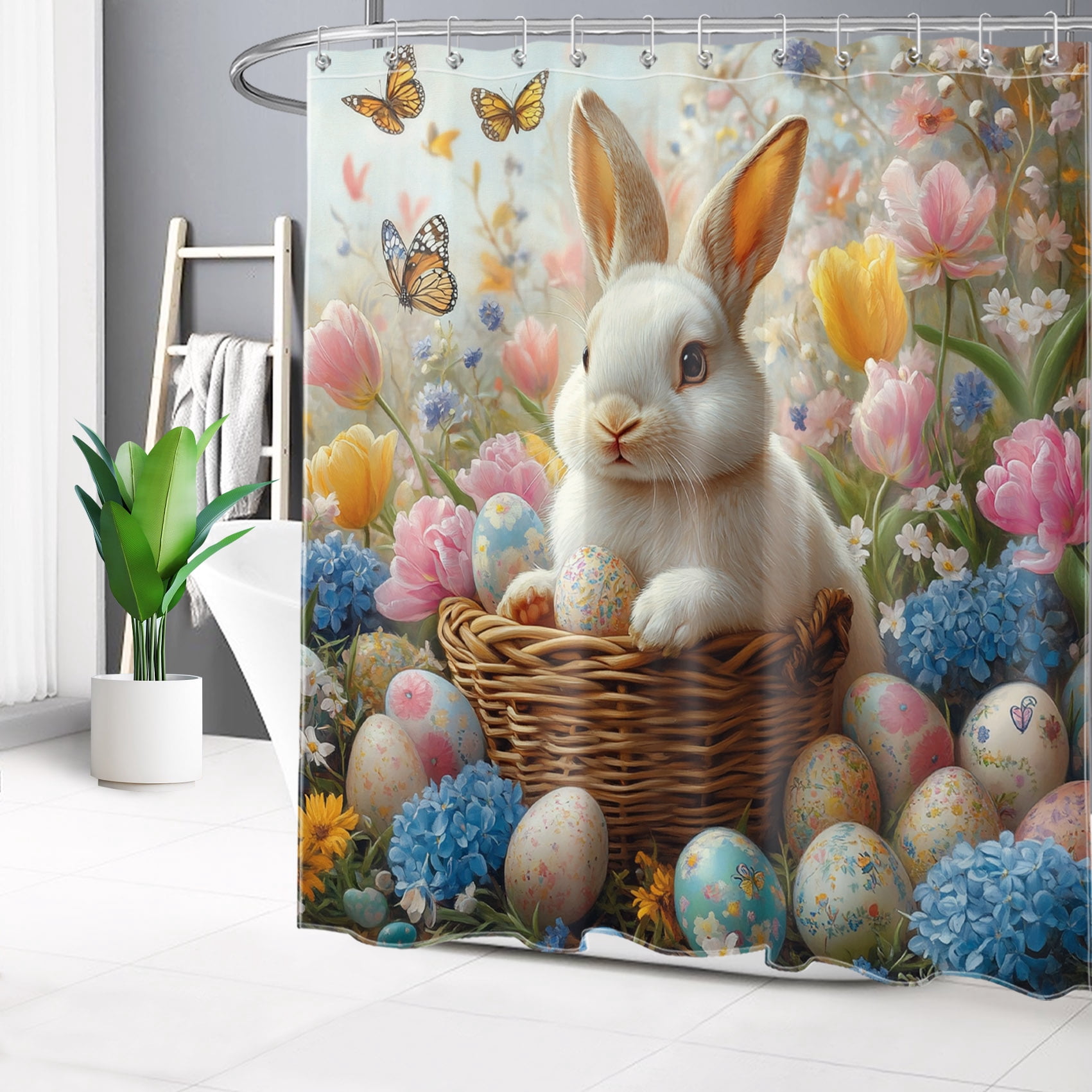 Cute Rabbit Shower Curtain Easter Bunny Floral and Colorful Eggs Shower ...
